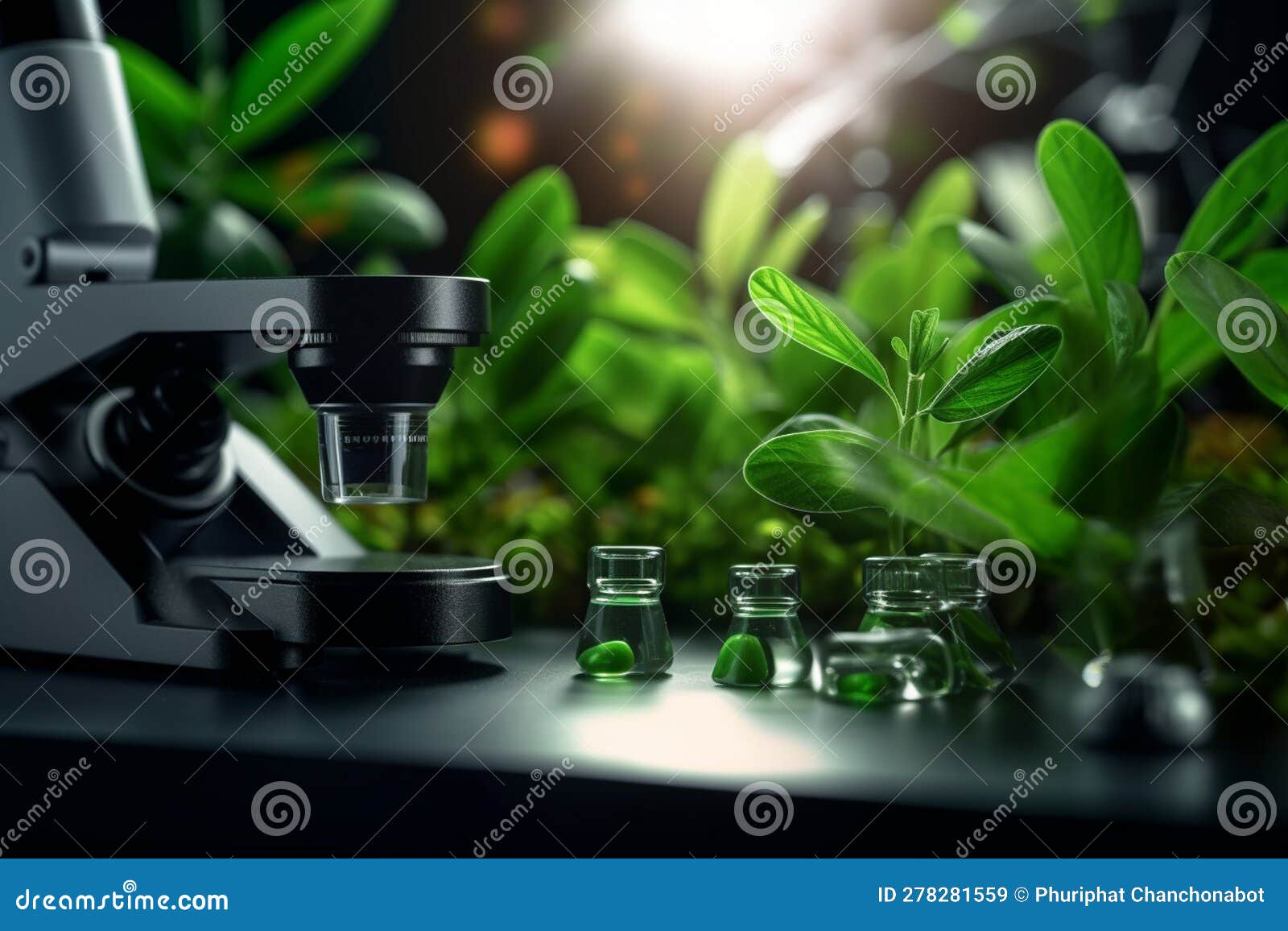 Green Plants on a Table Next To Microscope in a Lab with Generative AI ...