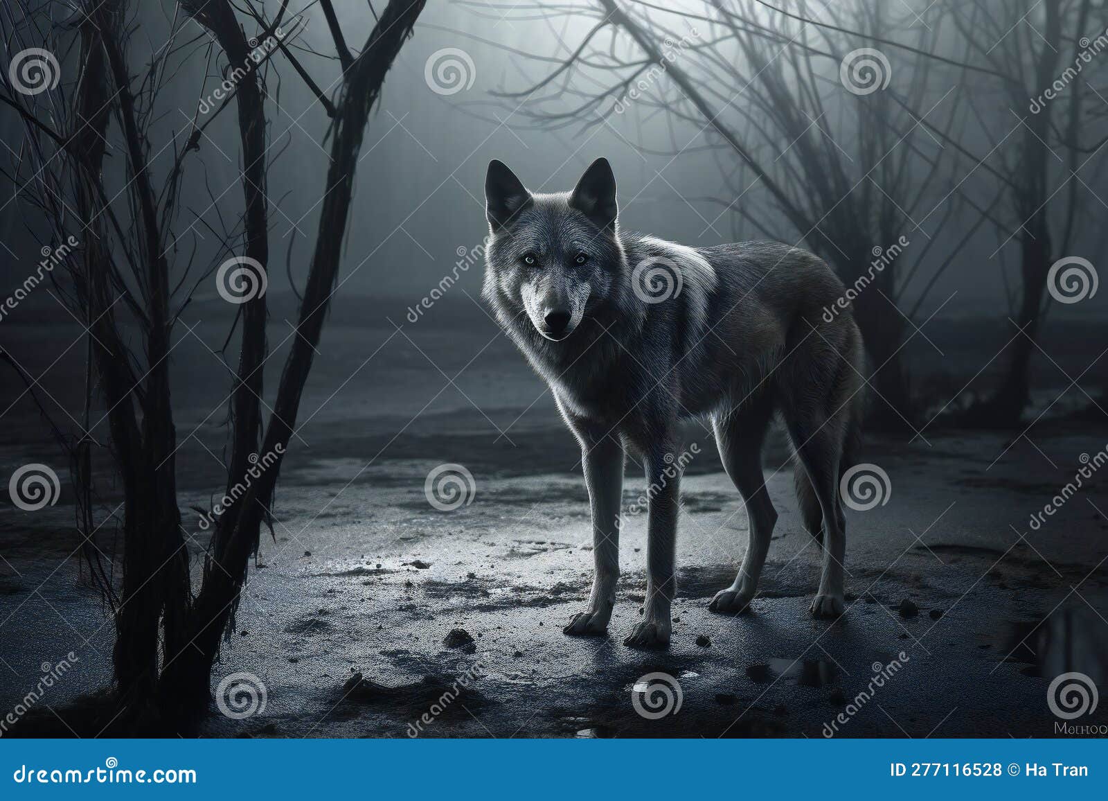 Grey Wolf in the Forest at Night Stock Illustration - Illustration of ...