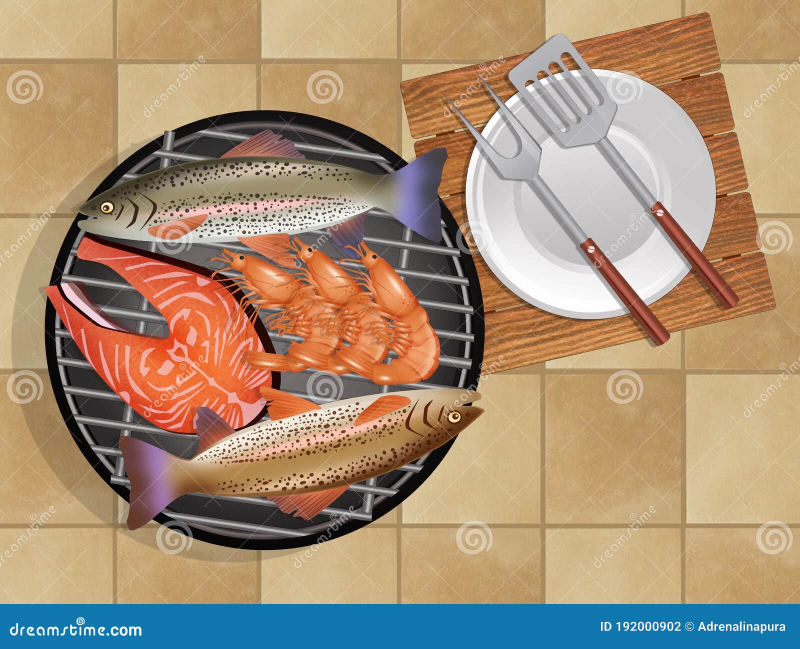 Grilled Fish on the Barbecue Stock Illustration - Illustration of menu ...