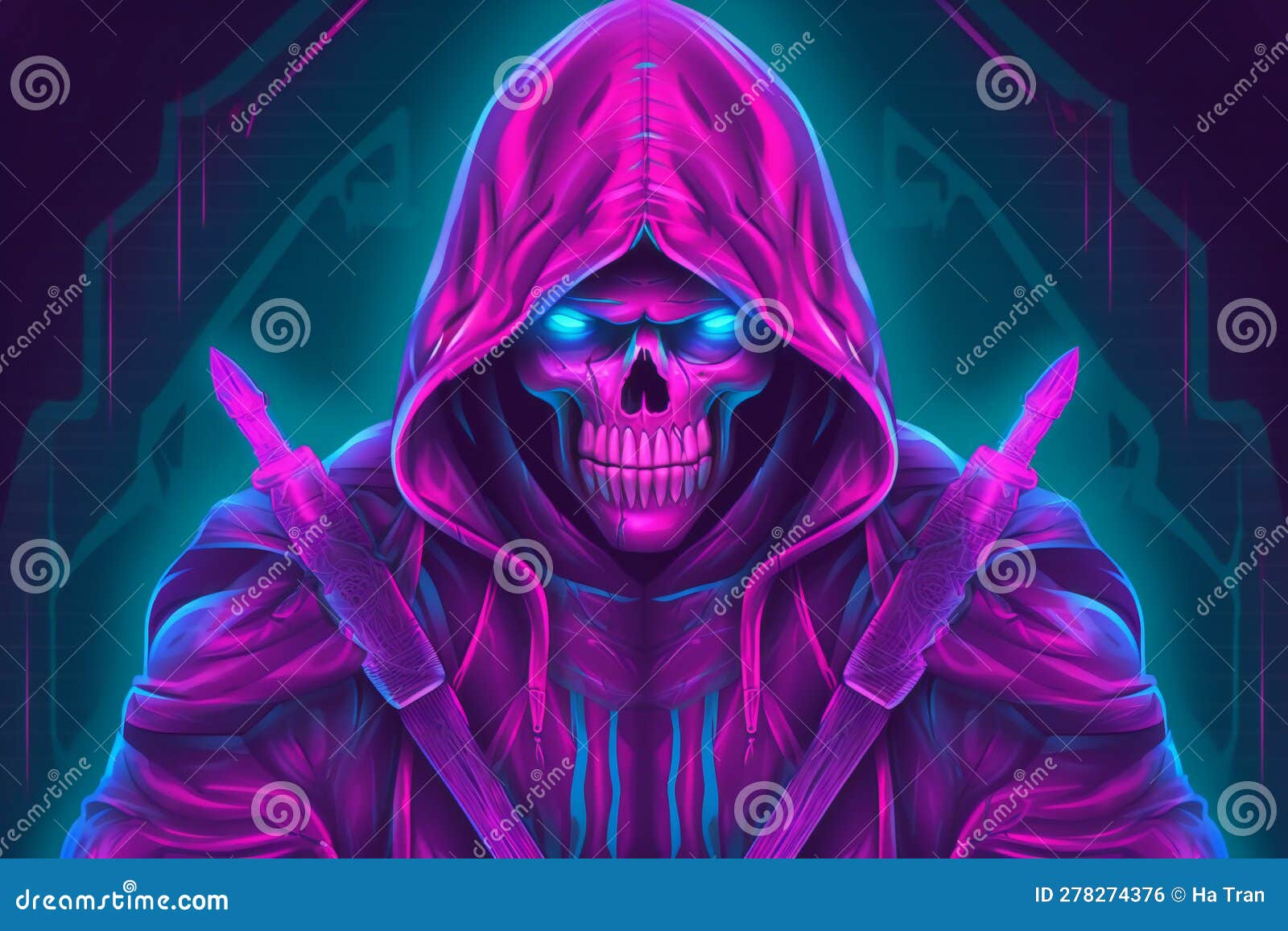 Grim Reaper with Sword in Neon Light Stock Illustration - Illustration ...