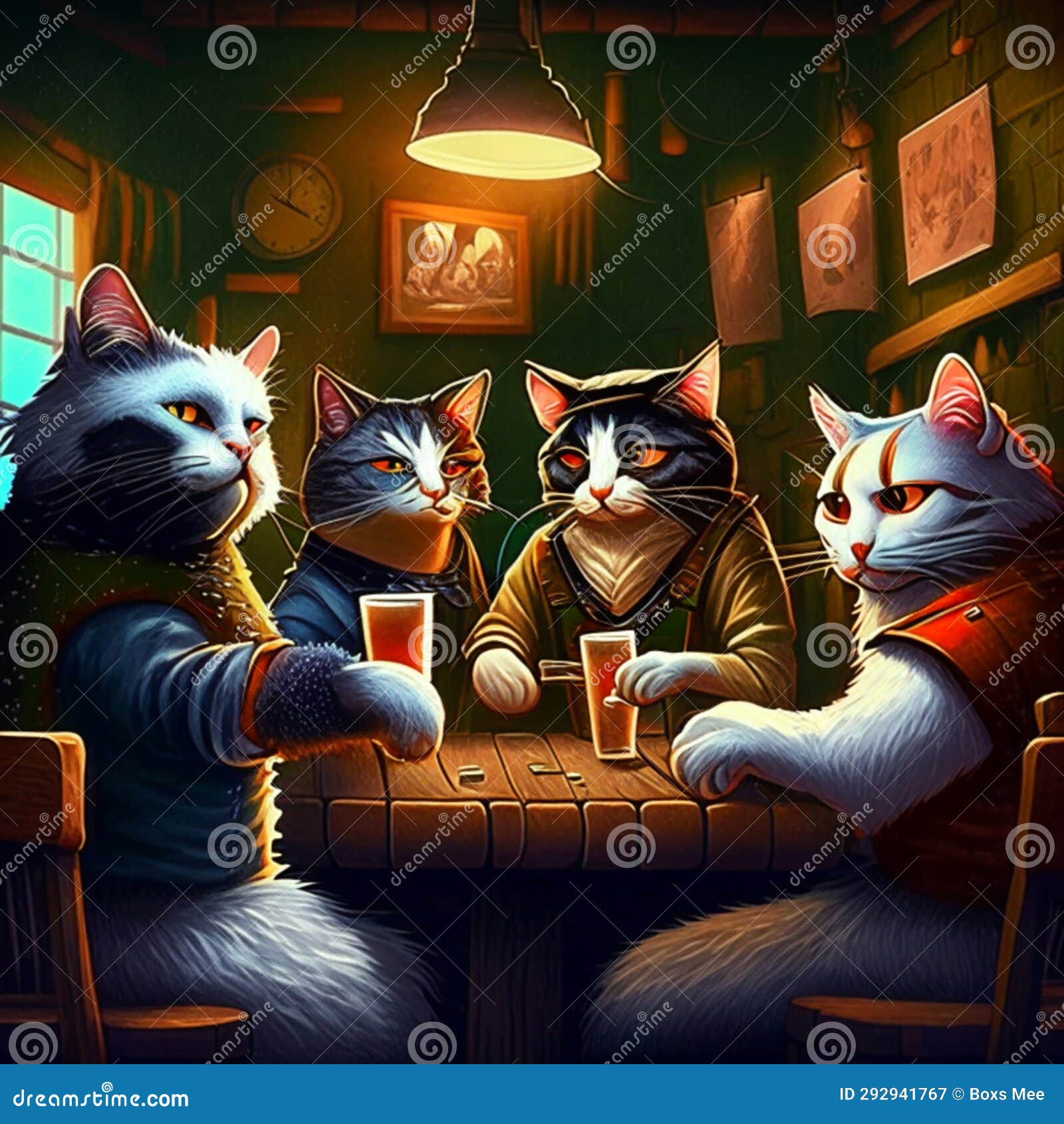 Illustration of a Group of Cats Sitting at a Table in a Pub AI ...