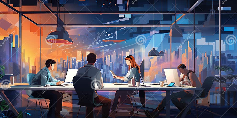 An Illustration of a Group of Developers Collaborating in an Office, Surrounded by Abstract ...