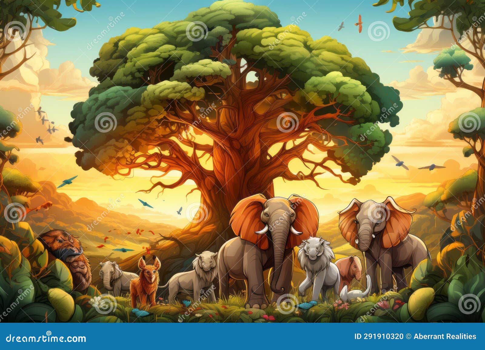 An Illustration of a Group of Elephants and Other Animals Under a Tree ...