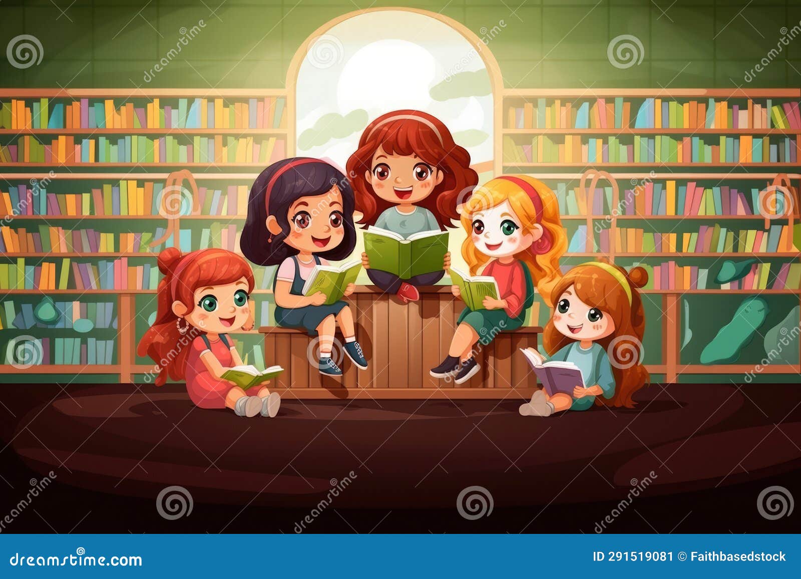 Illustration of a Group of Kids Reading Books in the Library. Cartoon ...