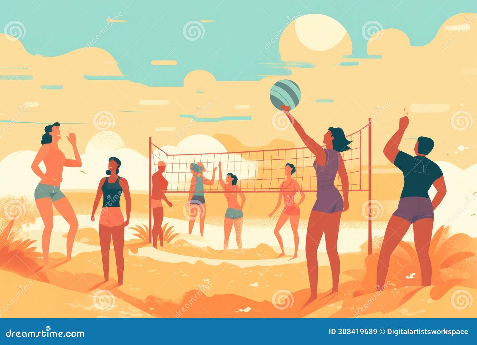 Illustration Of Group Of People Playing Beach Volleyball Summer