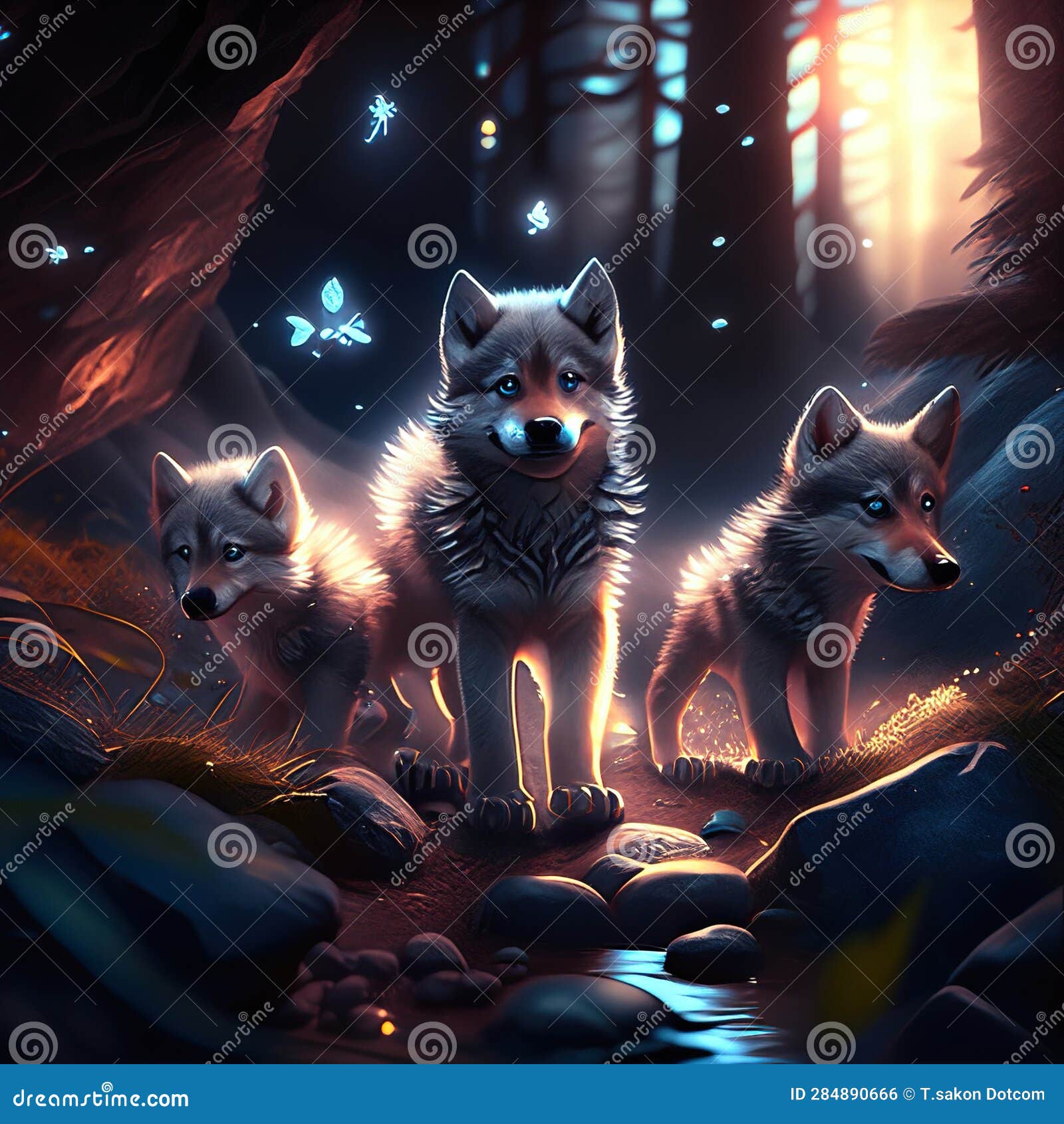 Illustration of a Group of Wolves in the Forest. Digital Painting Stock ...