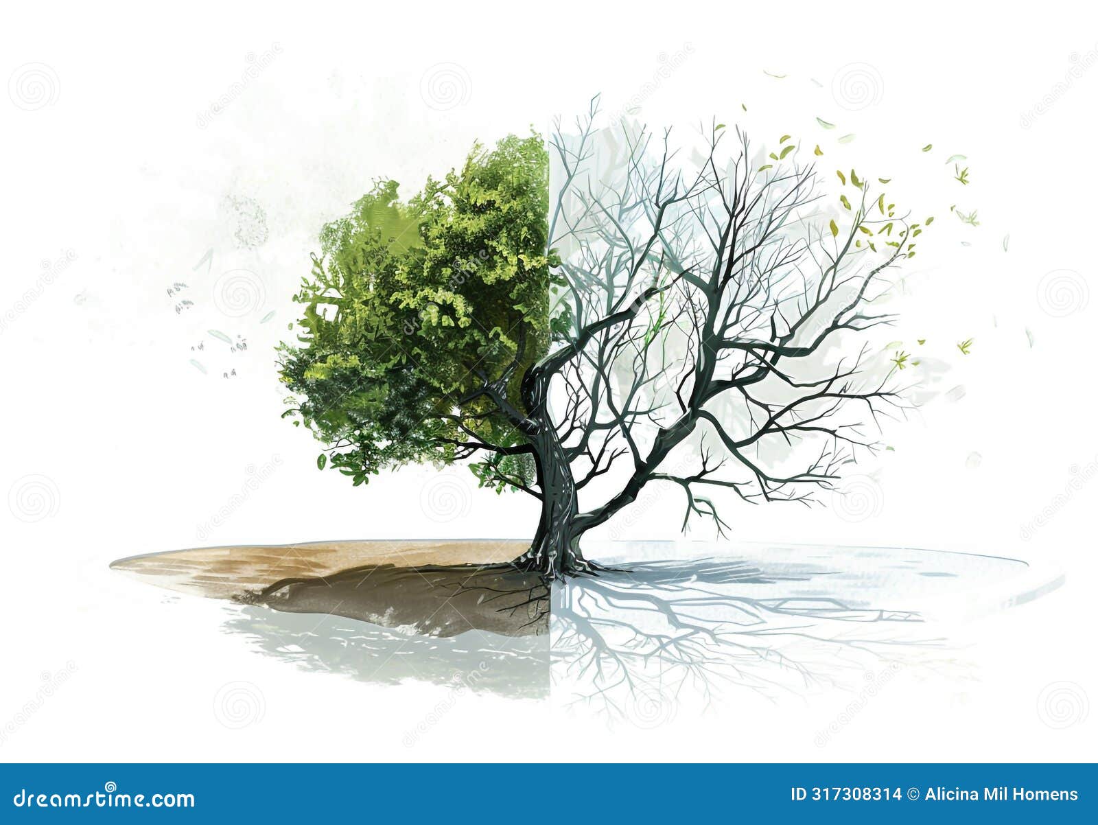 Illustration with Half of the Tree Alive and Green and the Other Half ...