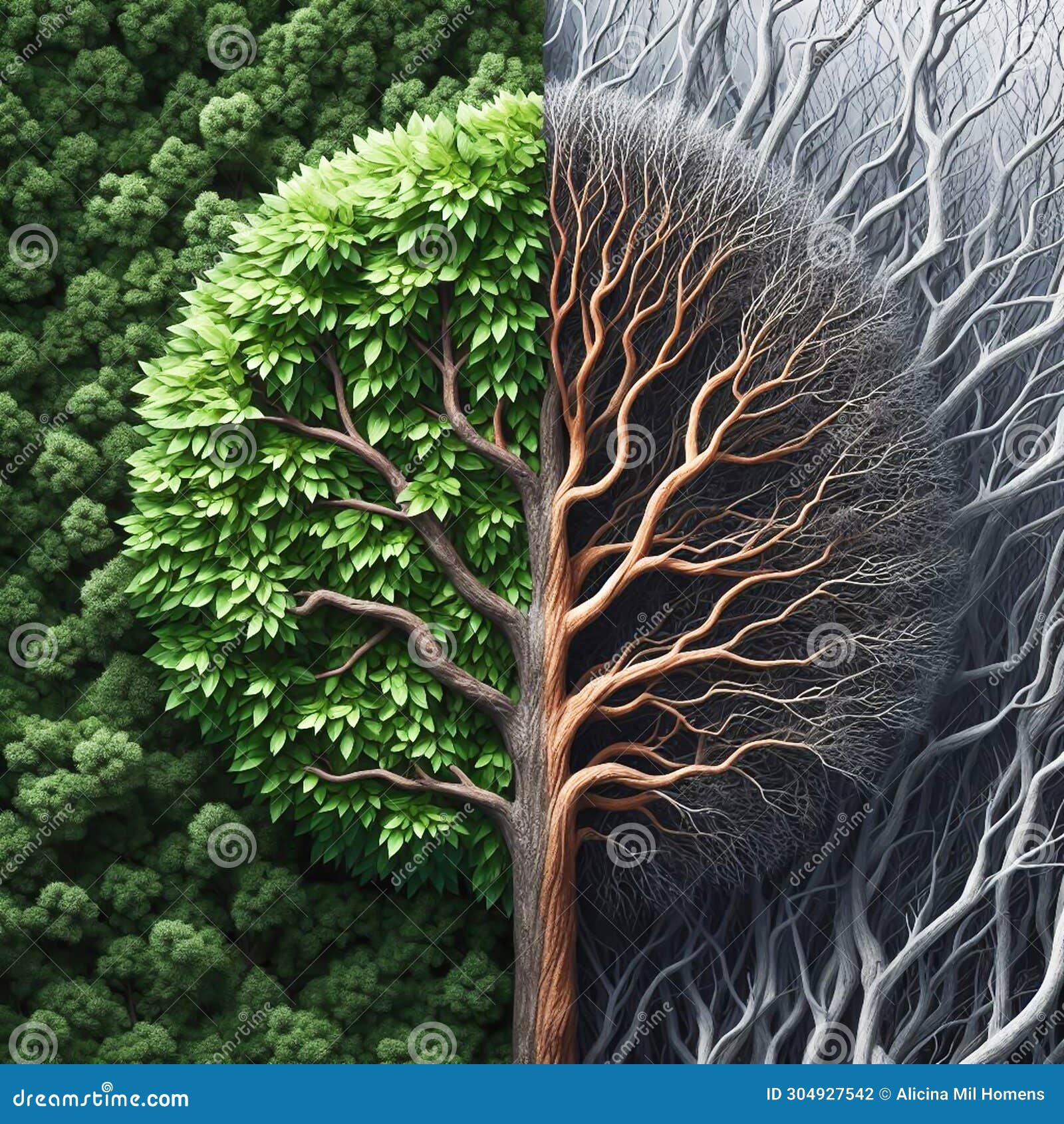 Illustration with Half of the Tree Dry and the Other Half Lush ...