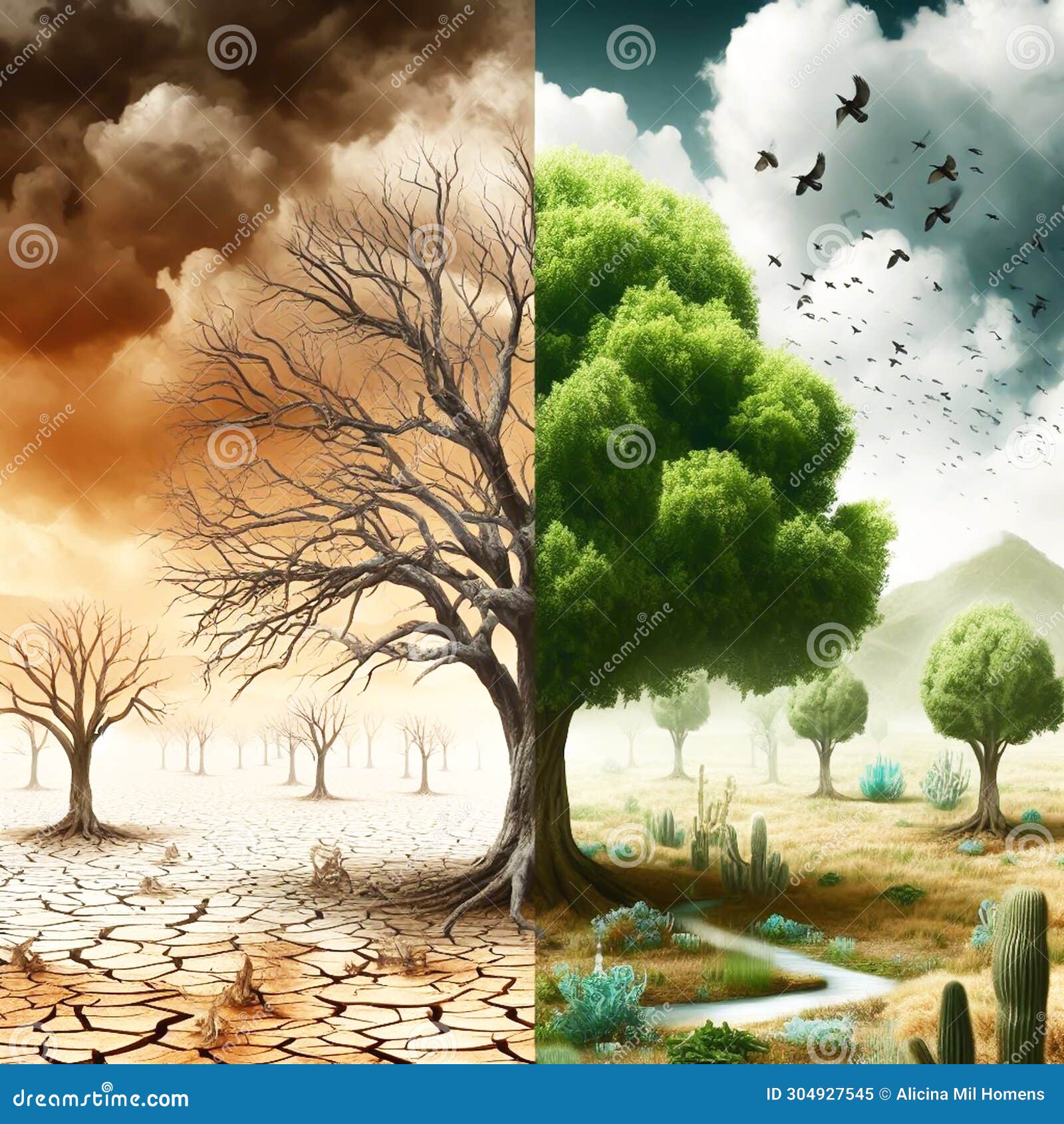 Illustration with Half of the Tree Dry and the Other Half Lush ...