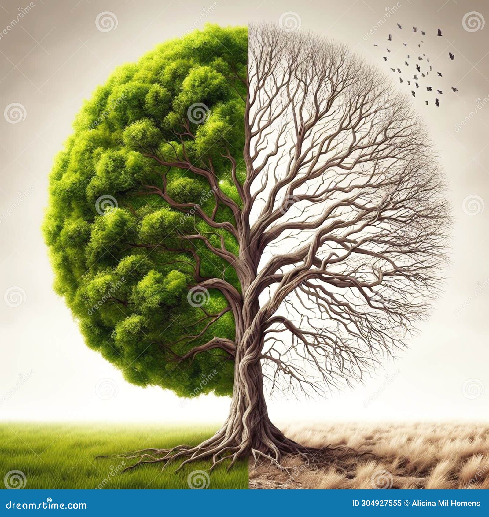Illustration with Half of the Tree Dry and the Other Half Lush ...