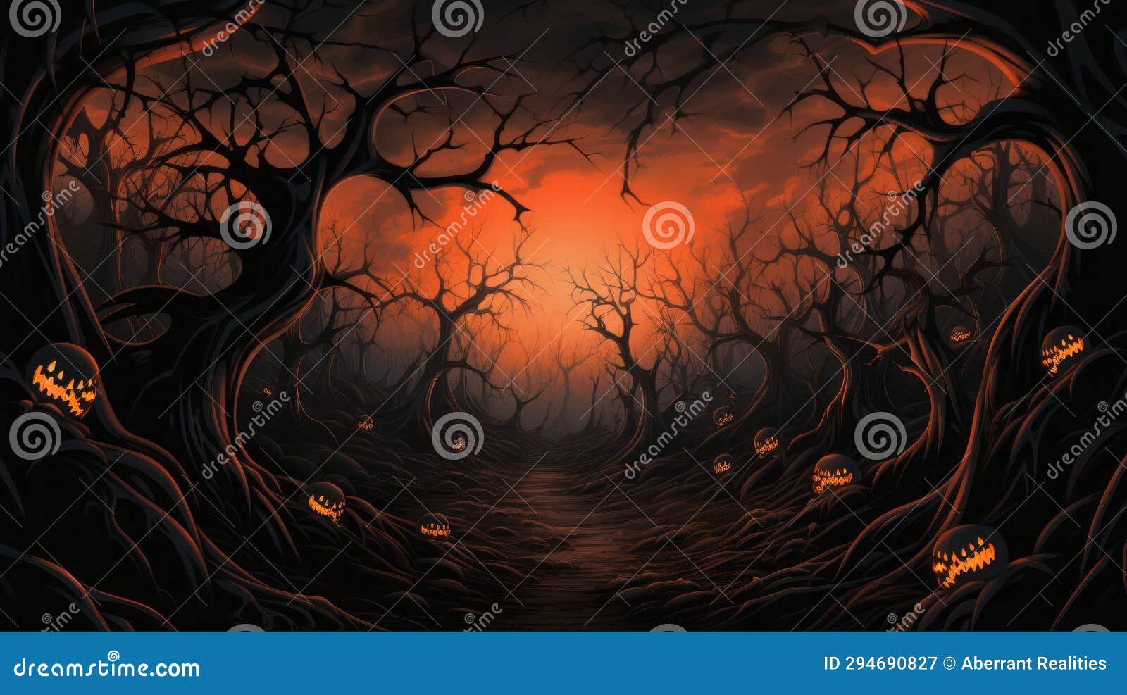 An Illustration of a Halloween Forest with Pumpkins and Trees Stock ...