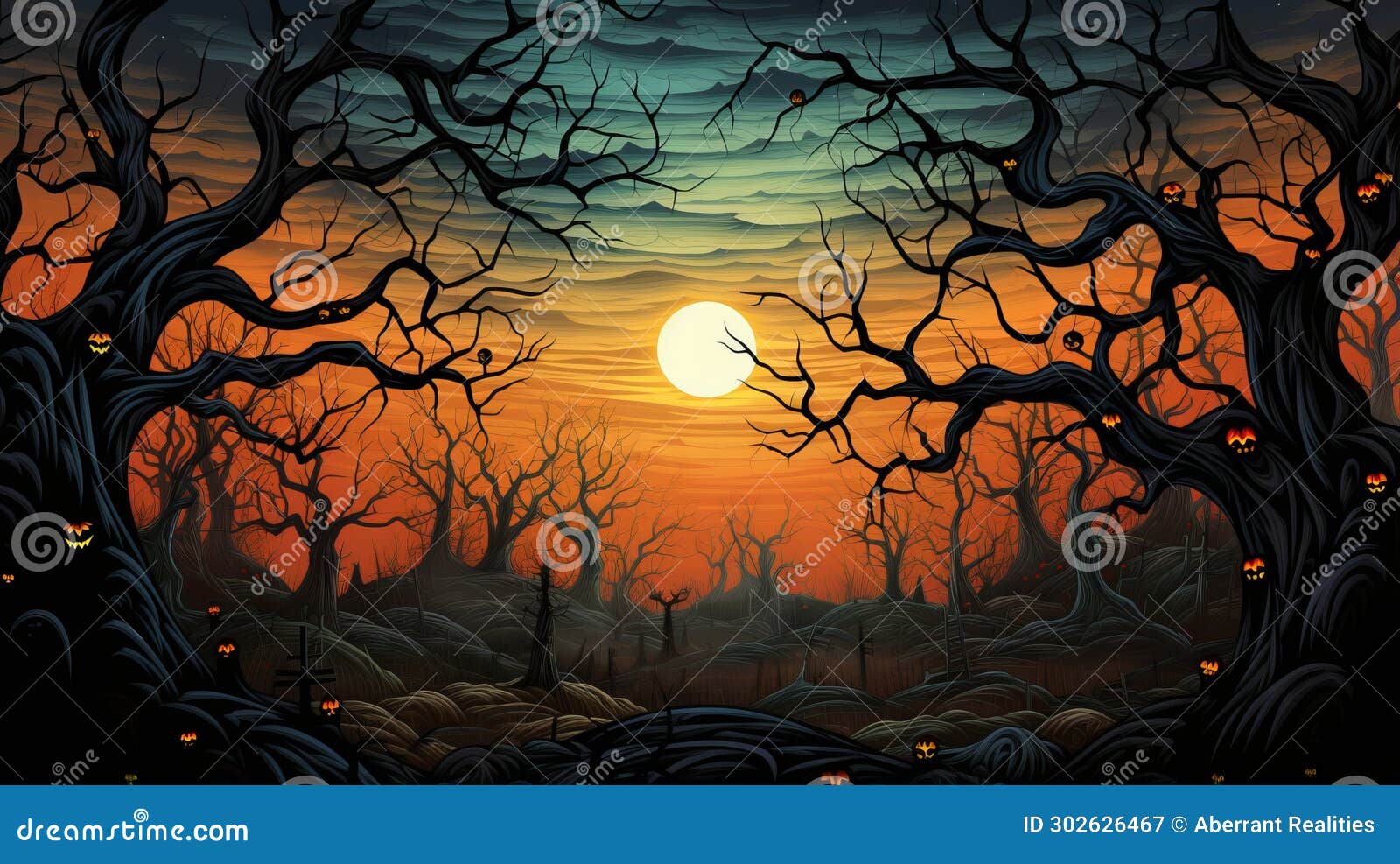 An Illustration of a Halloween Scene with Trees and Pumpkins Stock ...
