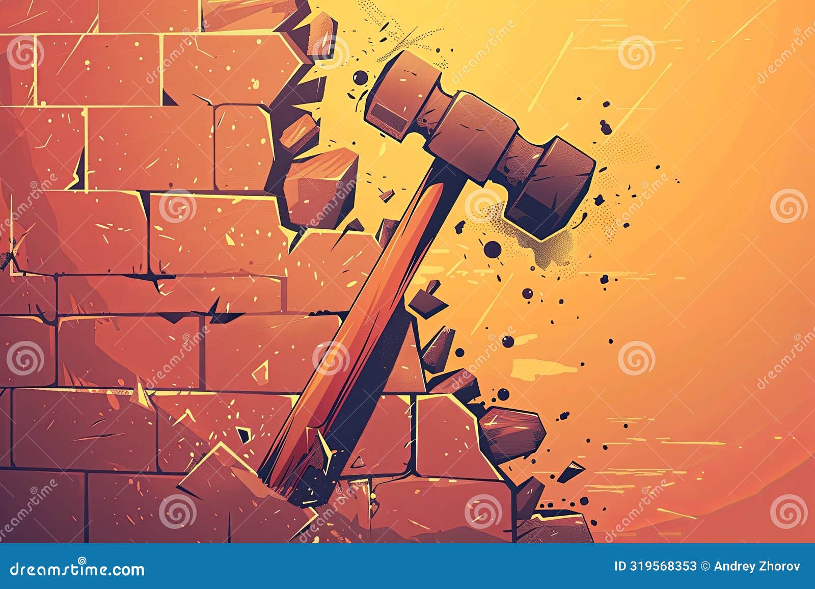 Illustration of a Hammer Forcefully Hitting and Breaking a Solid Brick ...