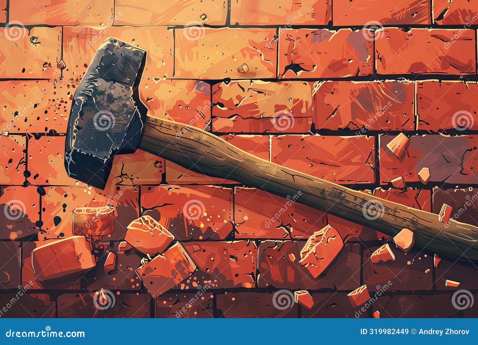 Illustration of a Hammer Forcefully Striking a Solid Brick Wall with ...