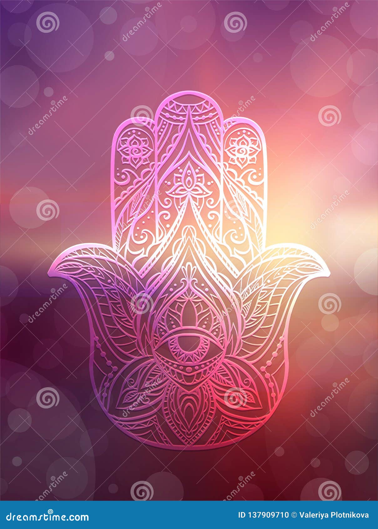 Illustration of Hamsa with Boho Pattern on Blurred Sunrise Seascape ...