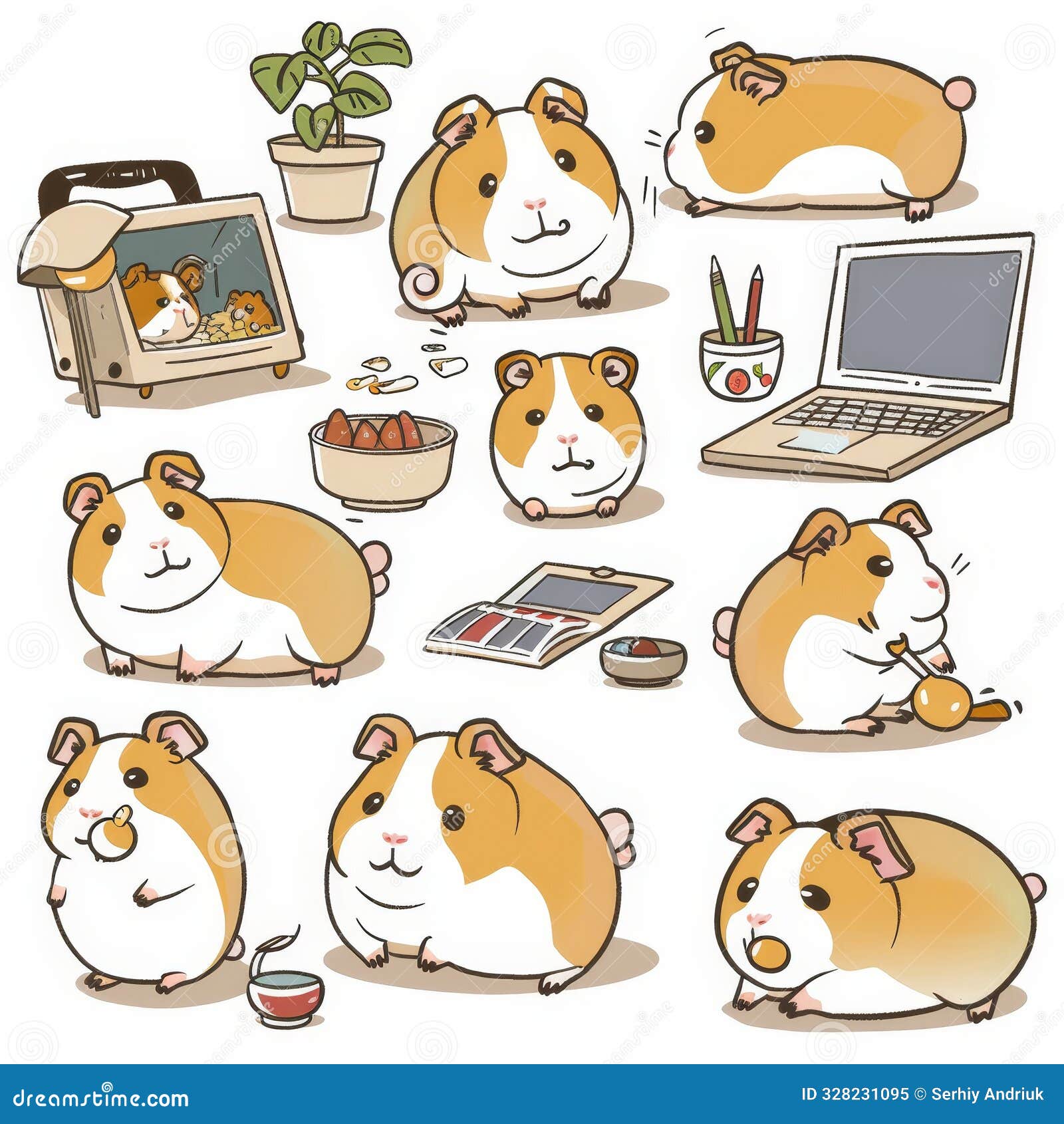 Illustration of a Hamster in Different Poses and Gestures with a Laptop ...