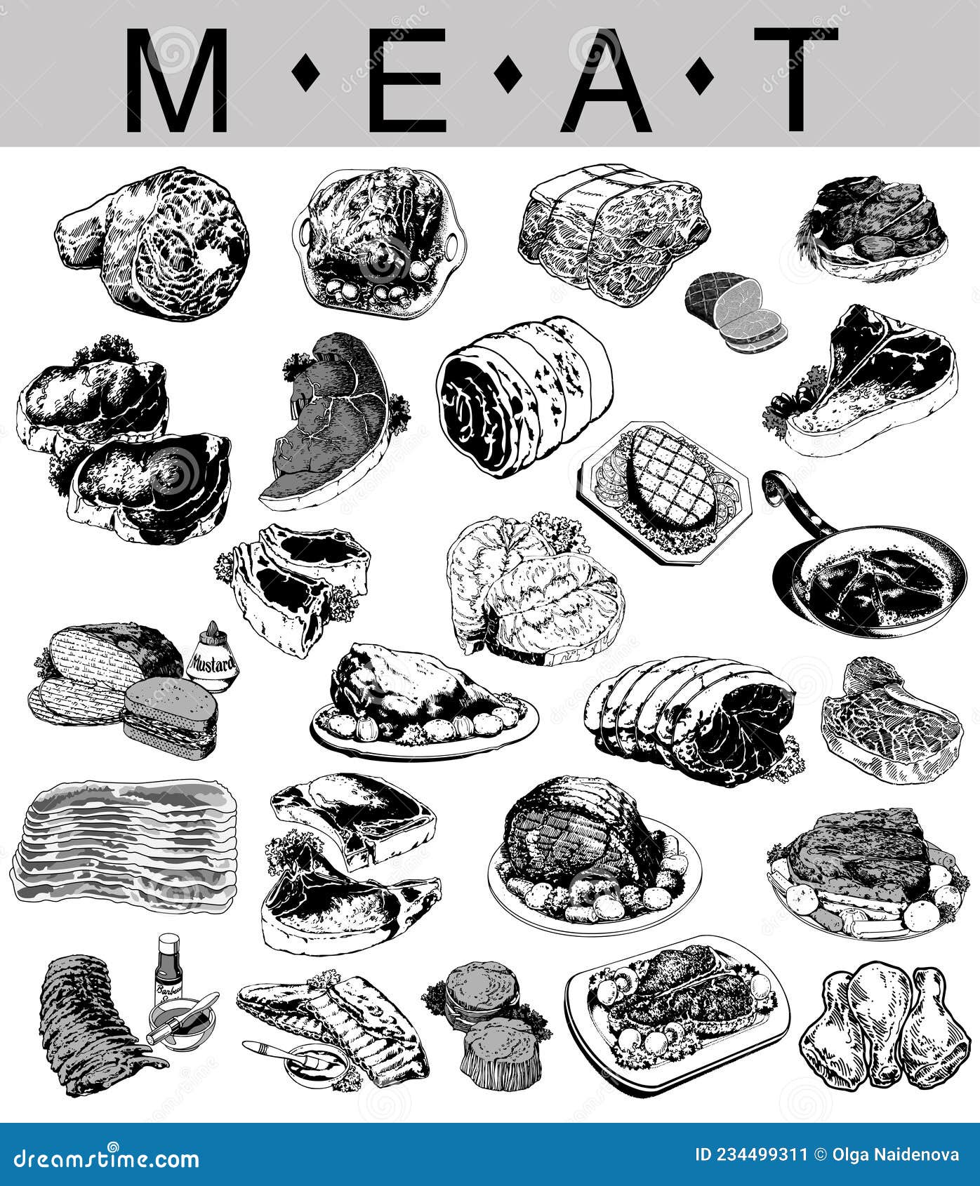 Illustration Hand Drawn Meat Food Set Stock Vector - Illustration of ...