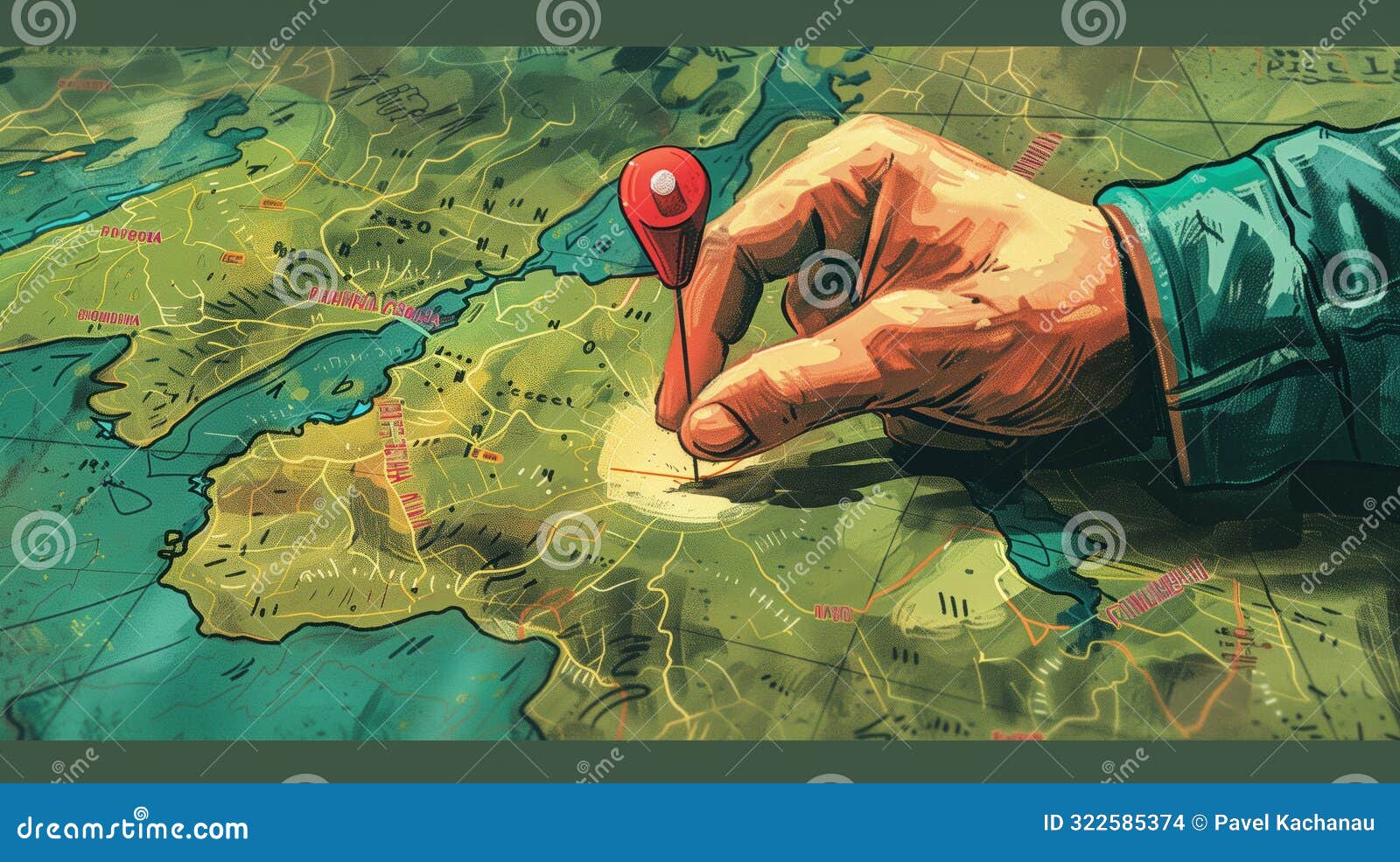 Illustration Of A Hand Placing A Red Marker On A Map Stock Photo ...