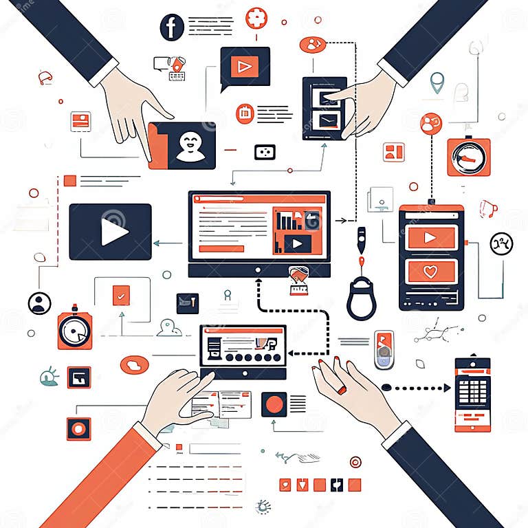 Illustration of Hands Collaborating on Digital Media Management Tools ...