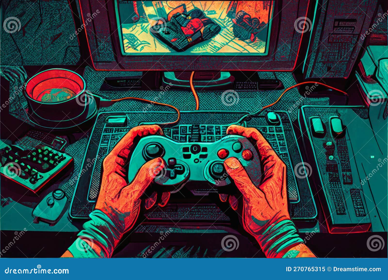 Illustration of Hands Playing Video Game with Retro Jostick. Stock ...