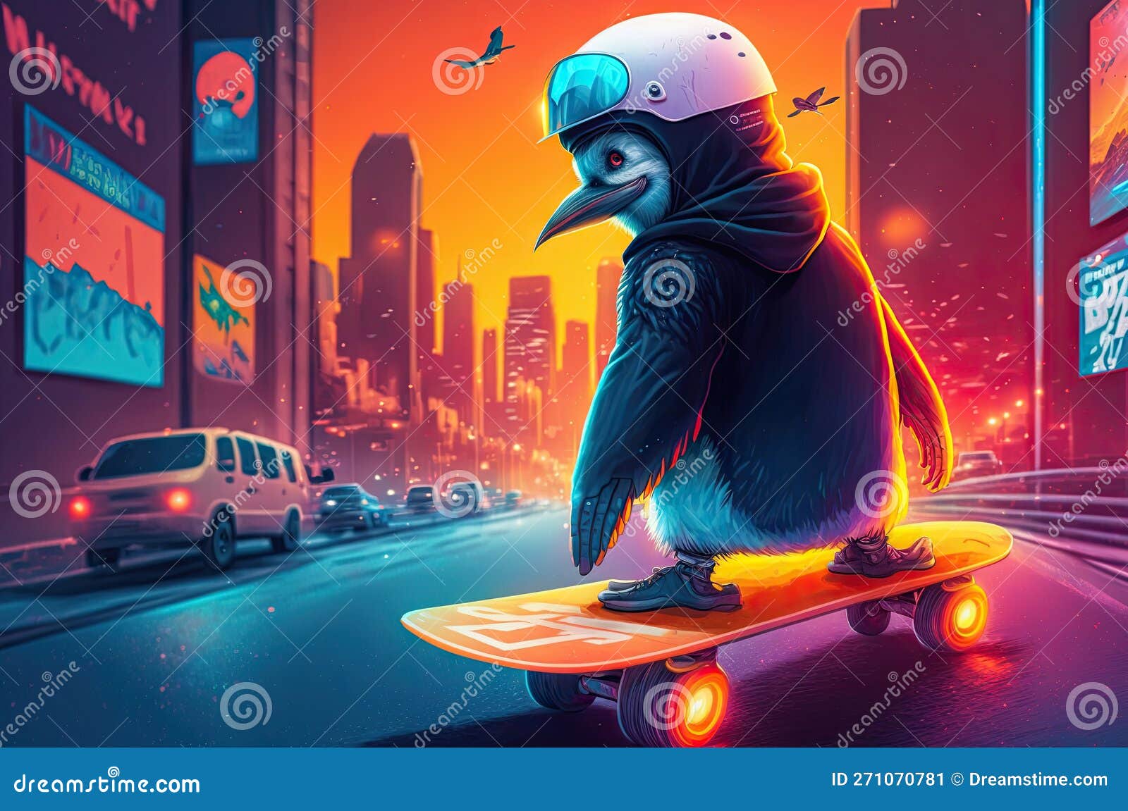 Illustration of the Happy Cute Penguin on the Skateboard Stock ...