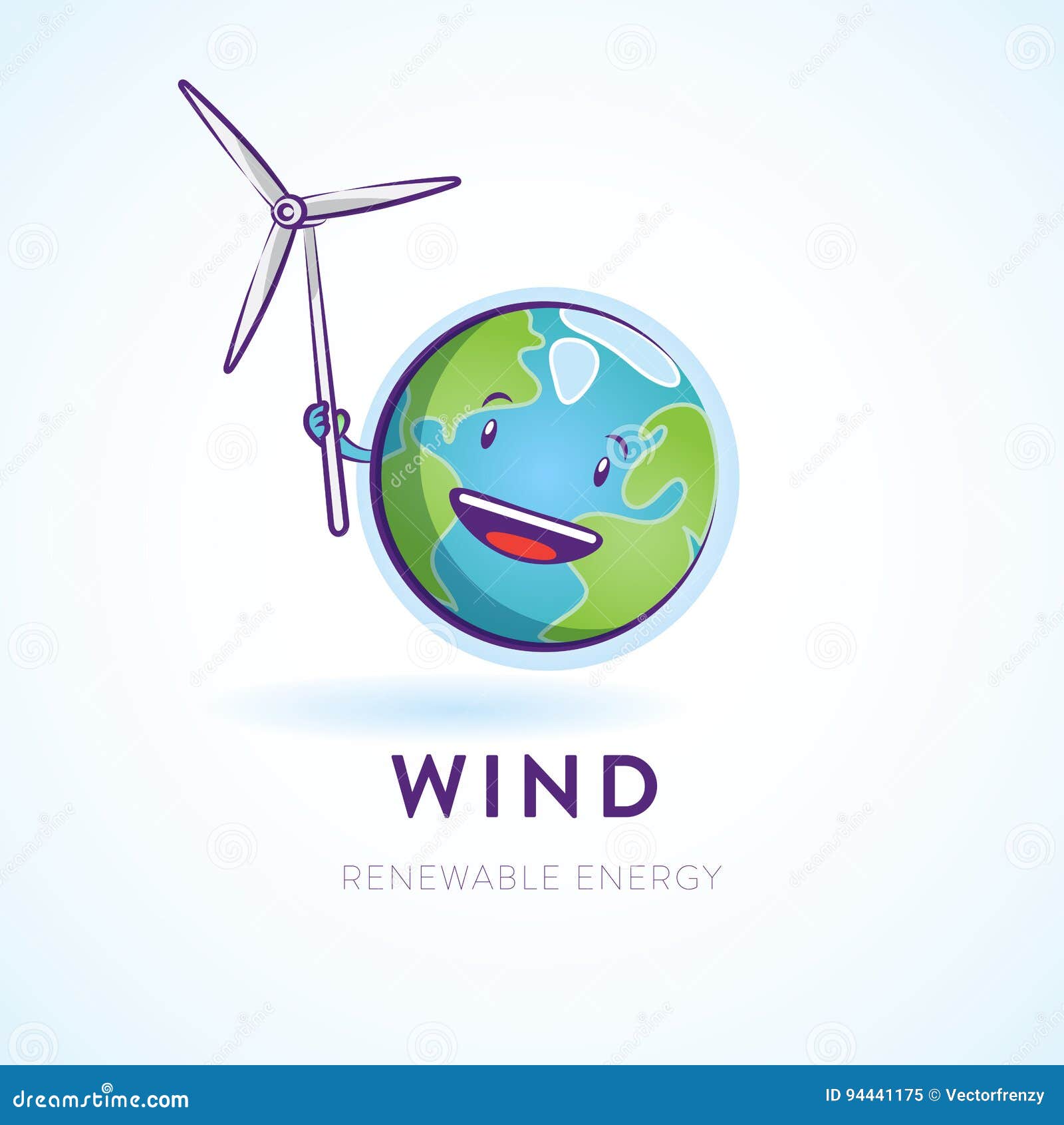 Illustration of a Happy Earth Character Holding a Wind Turbine Stock ...