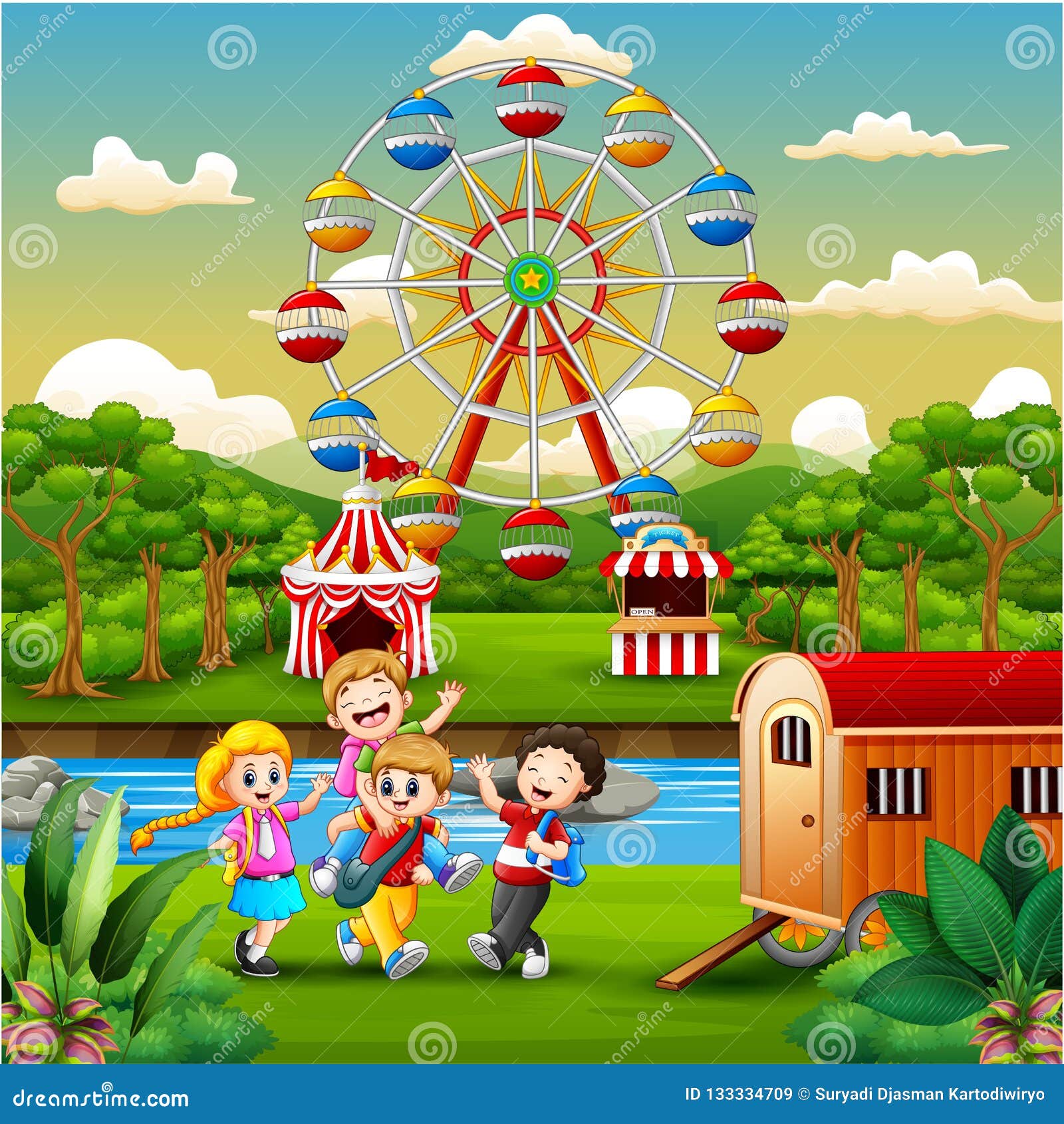 Happy Kids Group Playing on the Amusement Park Stock Vector ...
