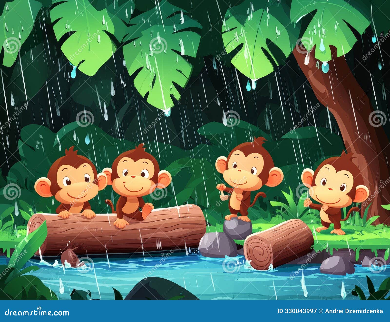 An Illustration of Happy Monkeys Playing in the Rain in a Cartoon Stock ...