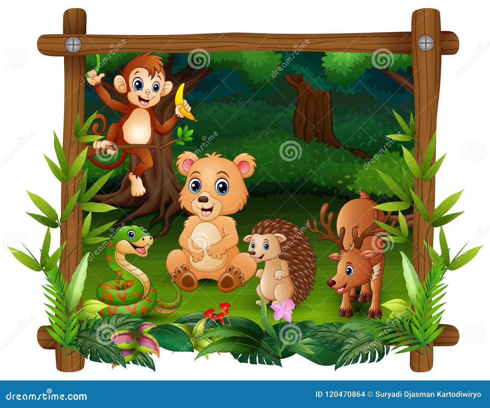 Happy Wild Animals in Frame Square Forest Stock Vector - Illustration ...