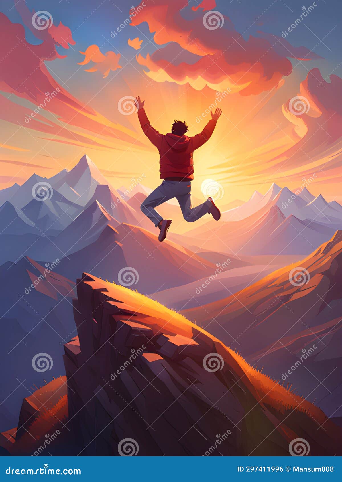 Illustration of Happy Young Man Jumping Over Mountain Peak Stock ...