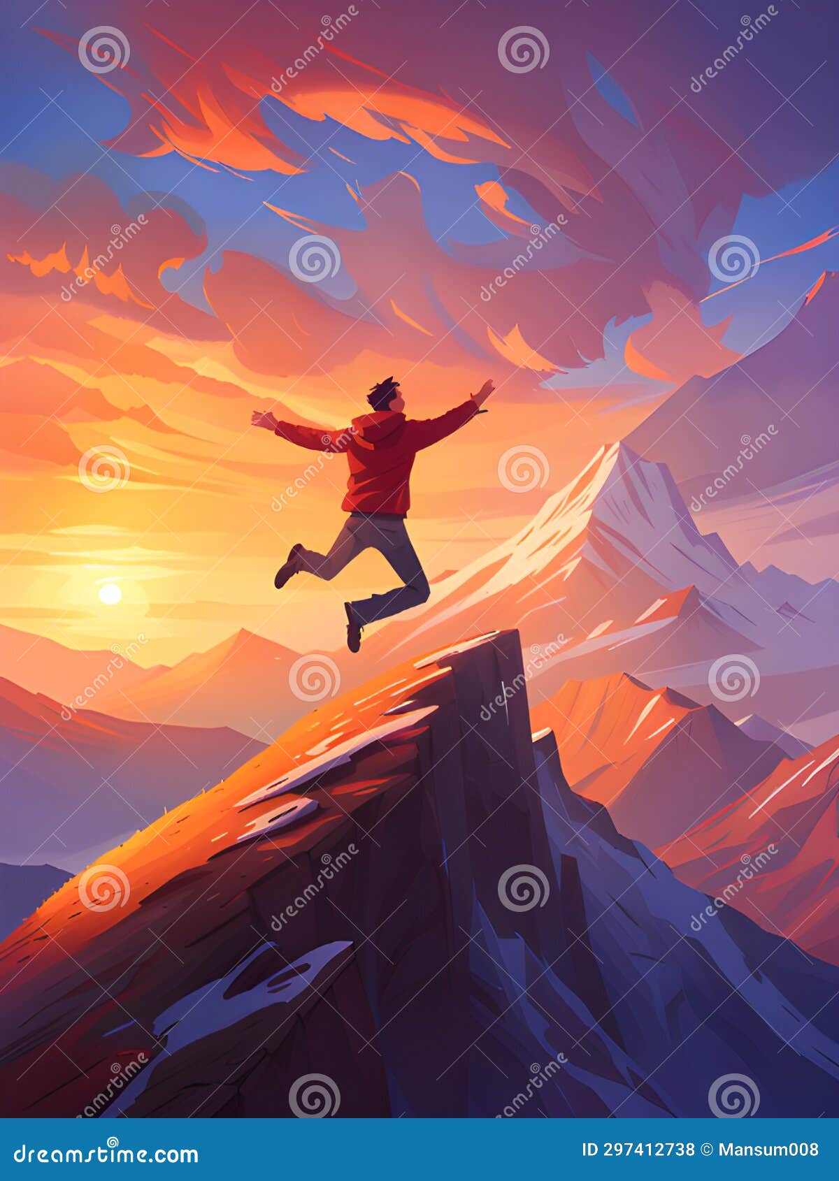Illustration of Happy Young Man Jumping Over Mountain Peak Stock ...