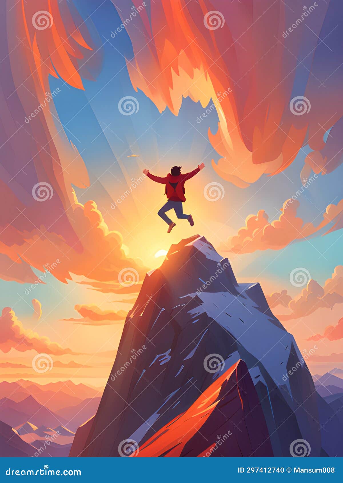 Illustration of Happy Young Man Jumping Over Mountain Peak Stock ...