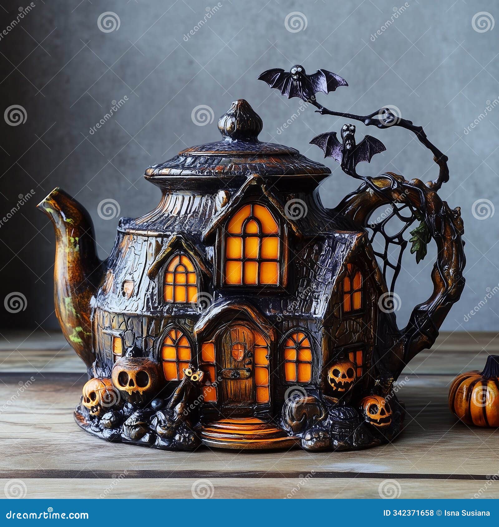 Enchanted Halloween Teapot with Bats and Tree Branch Details Stock ...