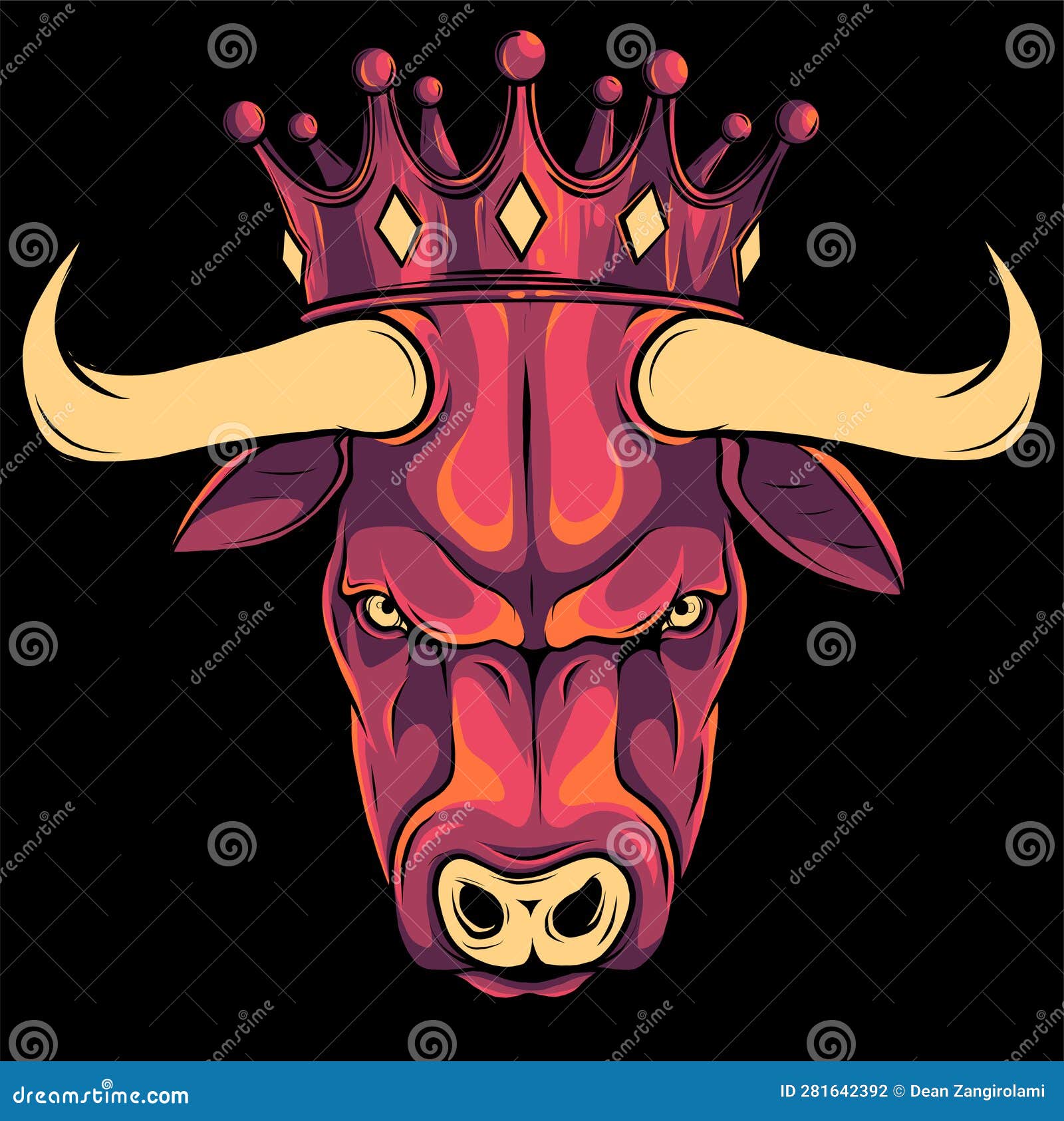 Vector Illustration of a Head of a Bull with a Crown on Black ...