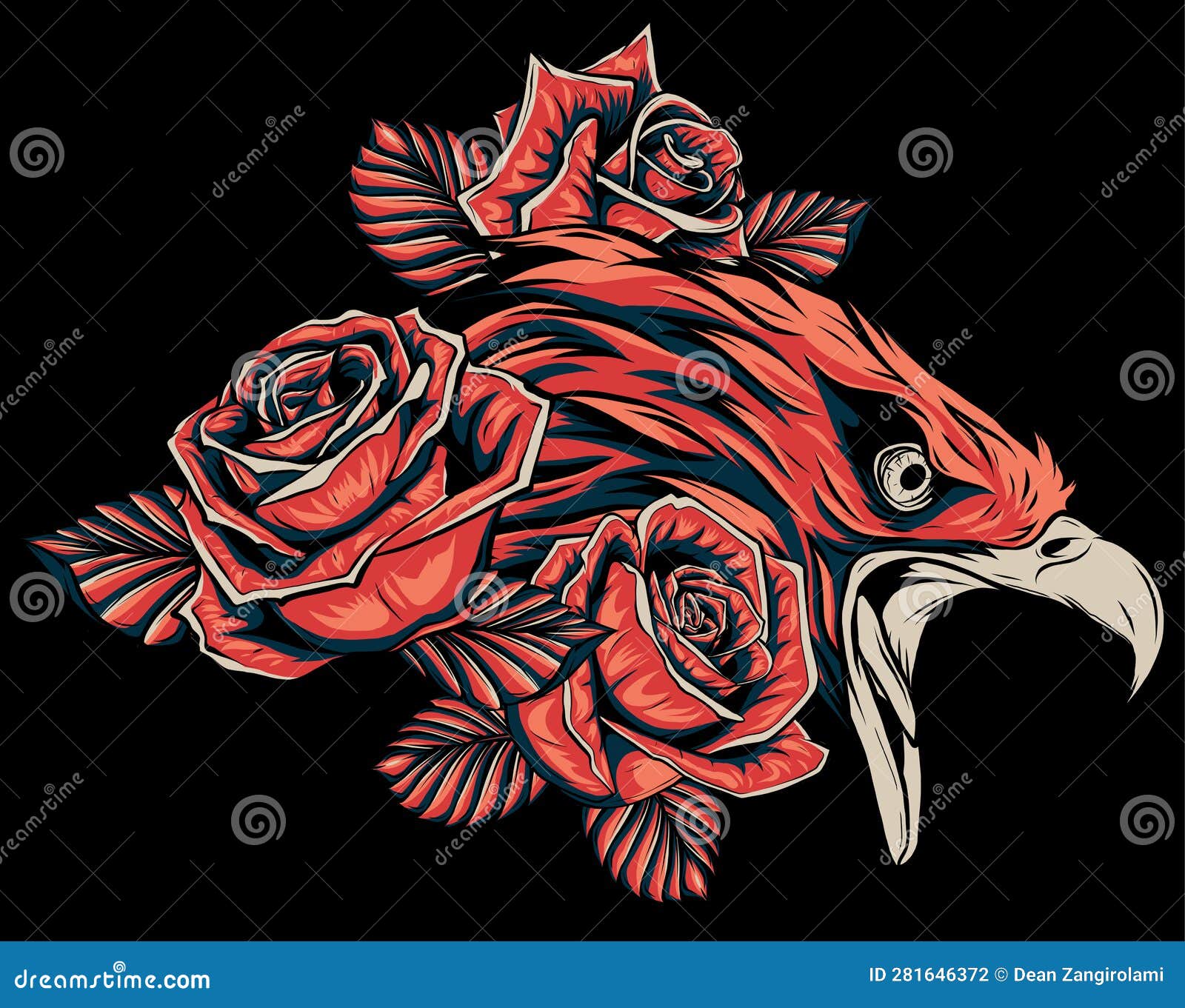 Vector Illustration of Head Eagle with Roses on Black Background Stock ...
