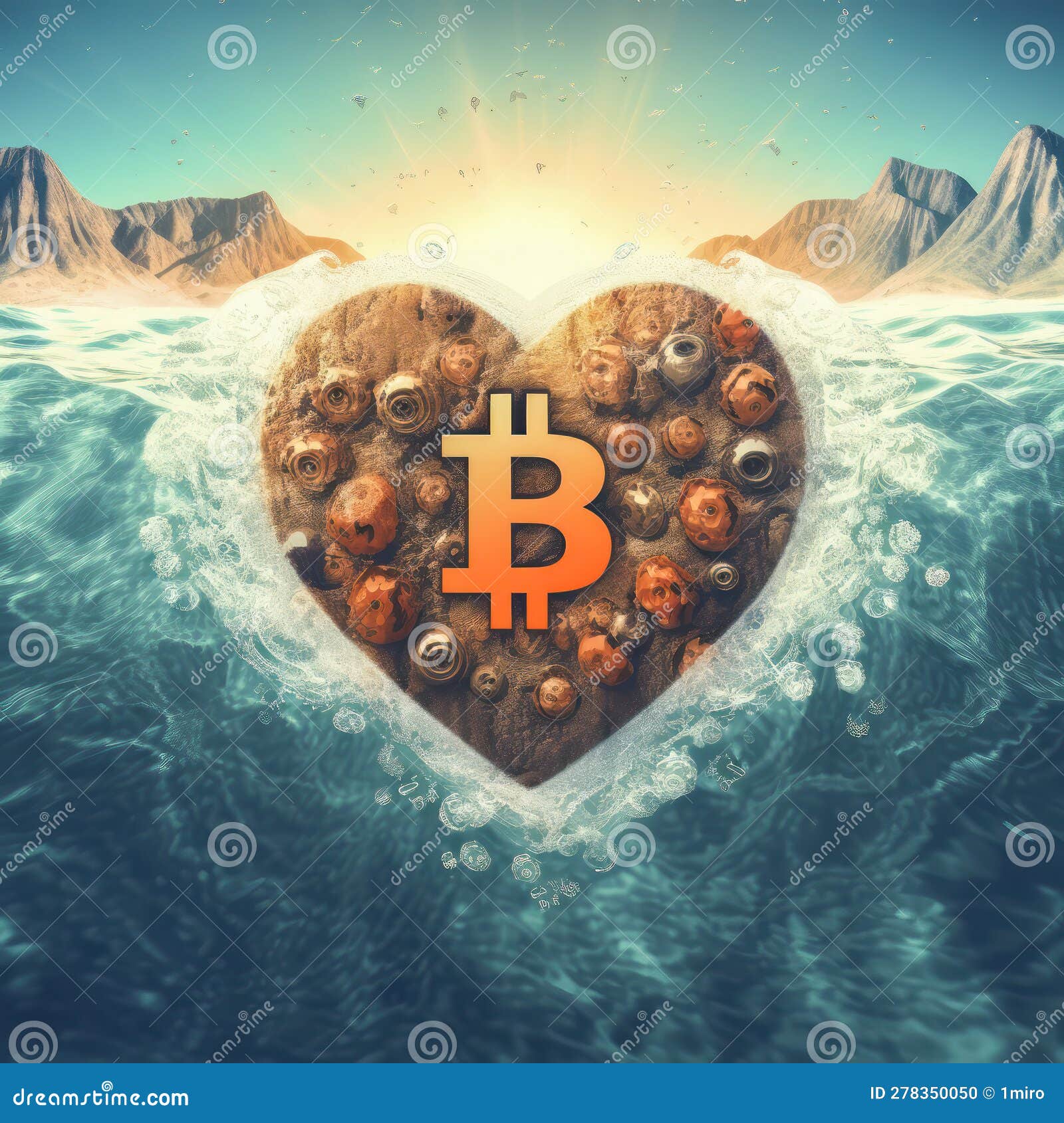 Illustration from Heart with Bitcoin Sign Inside and Ocean Stock ...