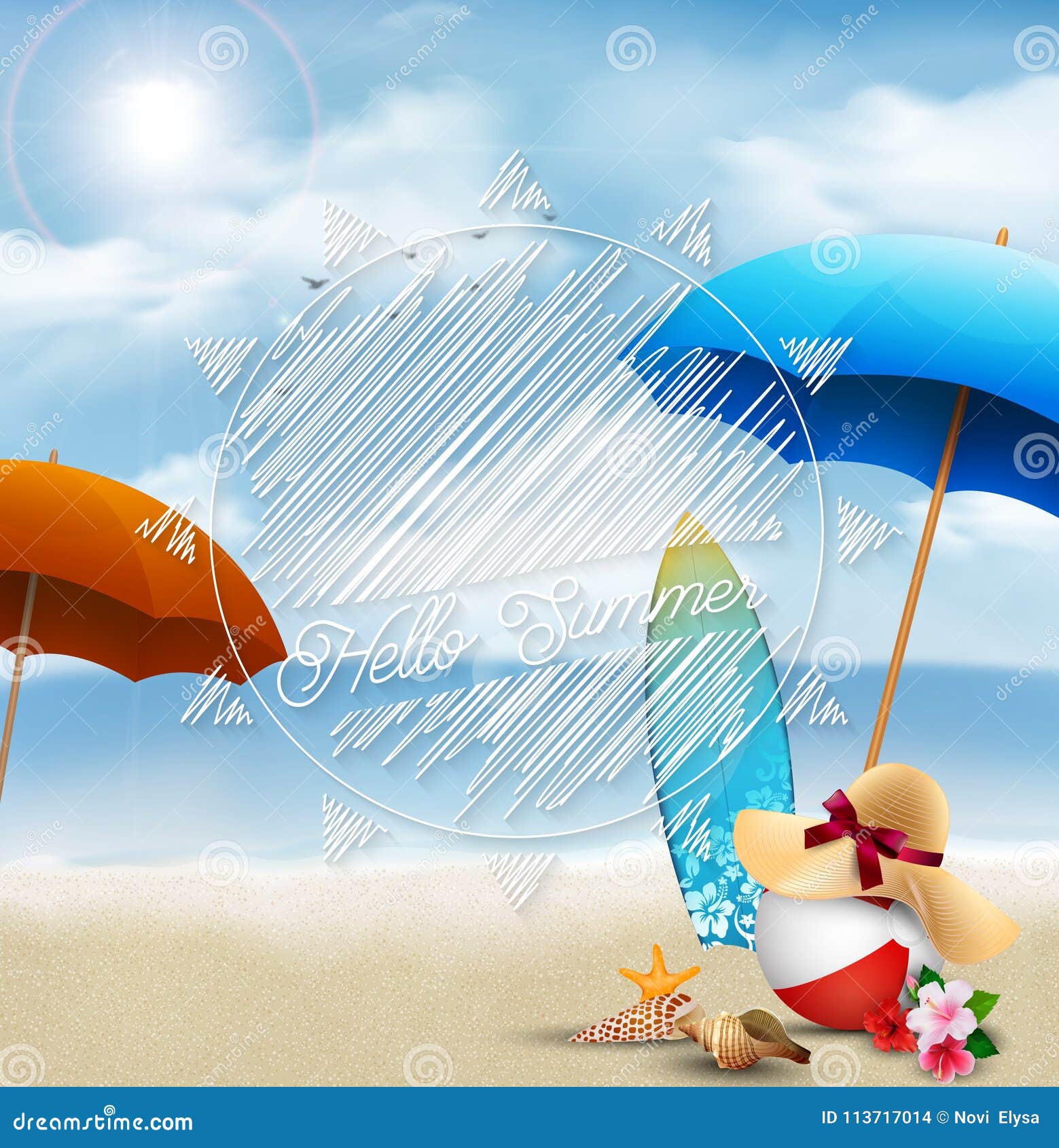 Hello Summer in Beach Seashore with Holiday Elements Stock Vector ... Hello Summer in Beach Seashore with Holiday Elements Stock Vector ...