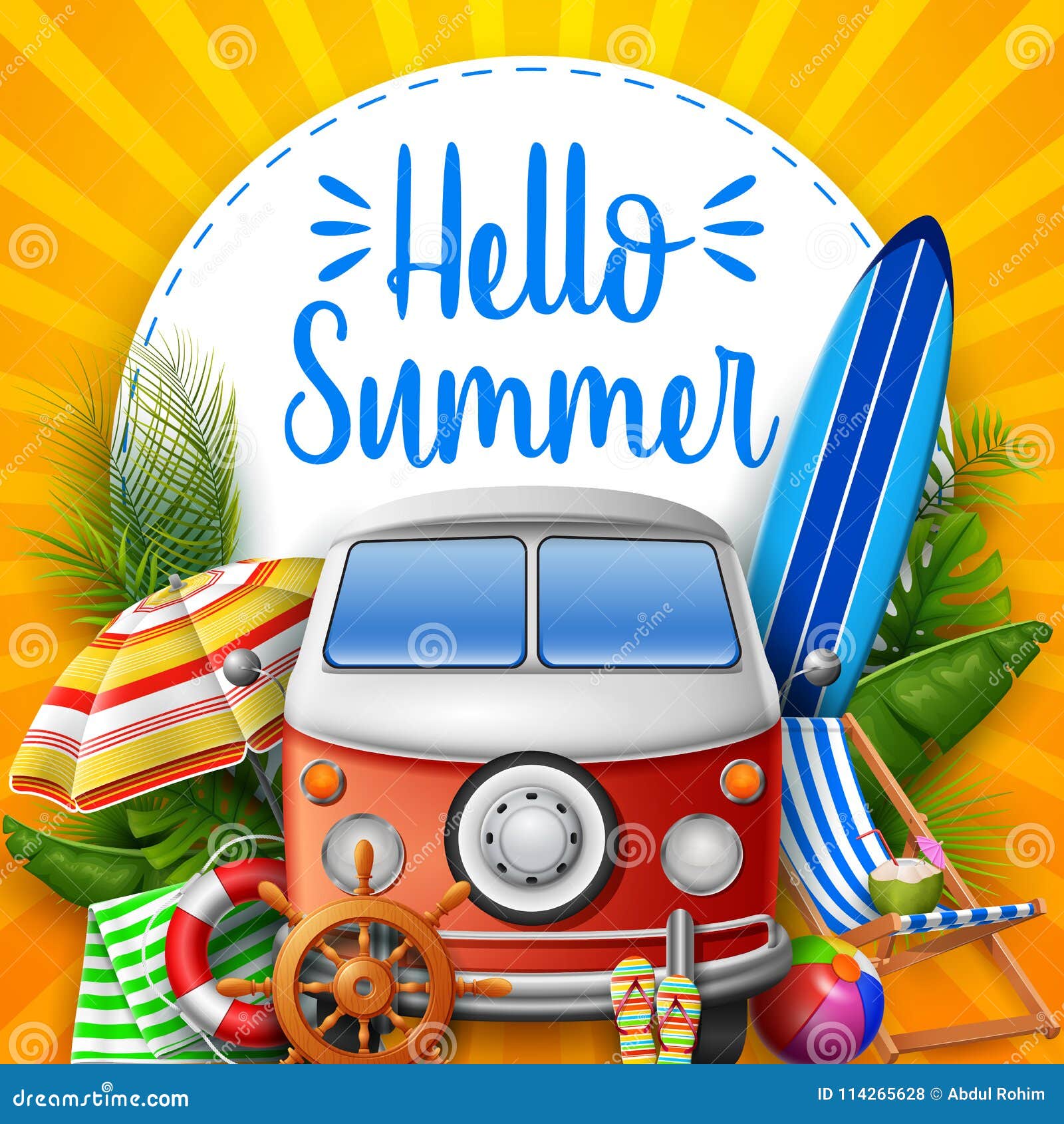 Hello summer. Camper van stock vector. Illustration of palm - 114265628