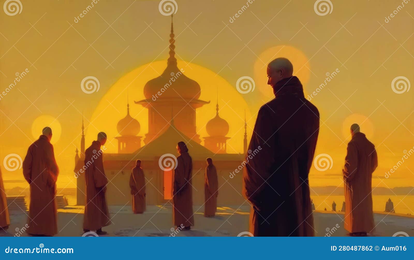 Holy monks at dawn stock illustration. Illustration of holy - 280487862