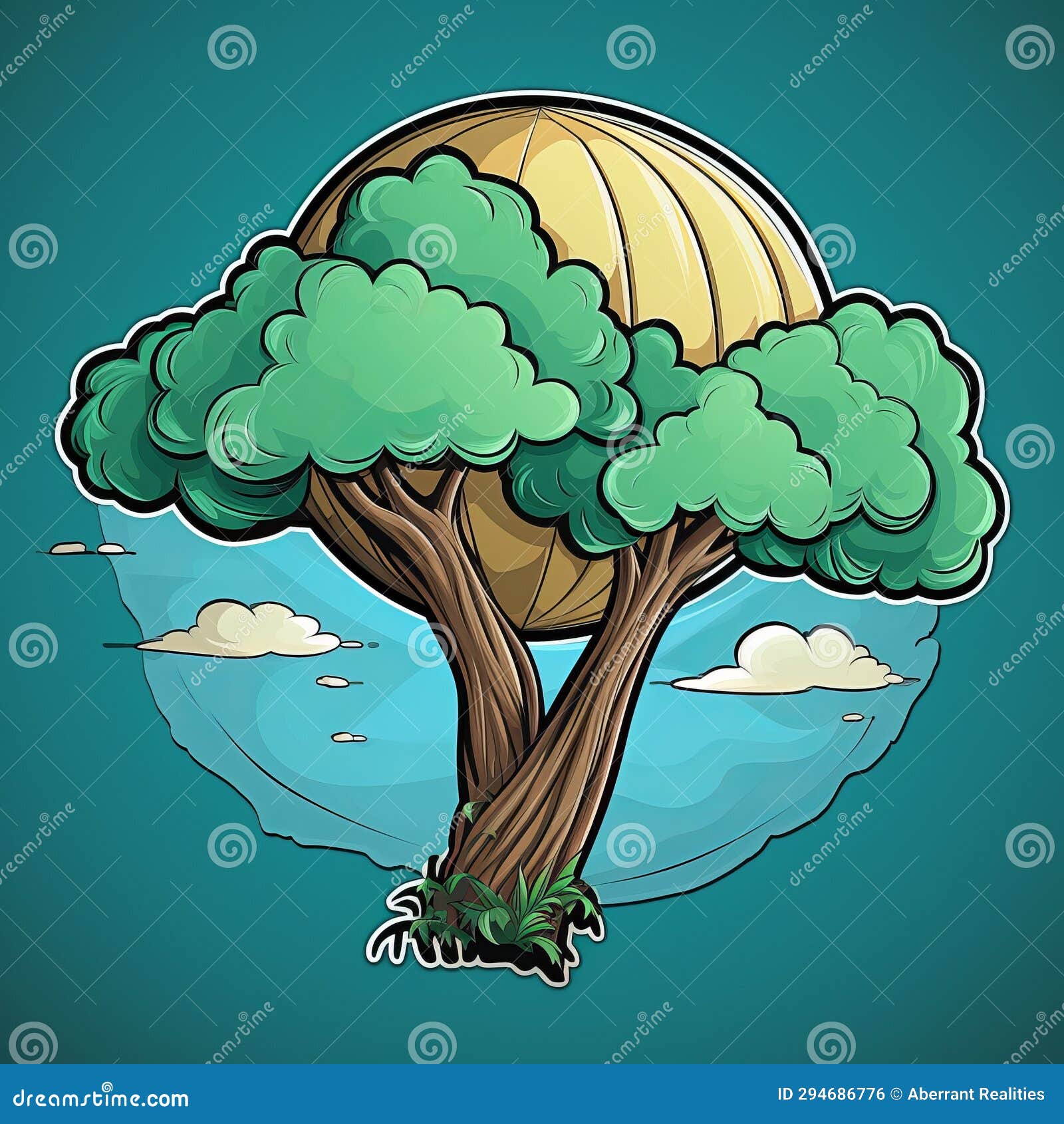 An Illustration of a Hot Air Balloon Flying Over a Tree Stock ...