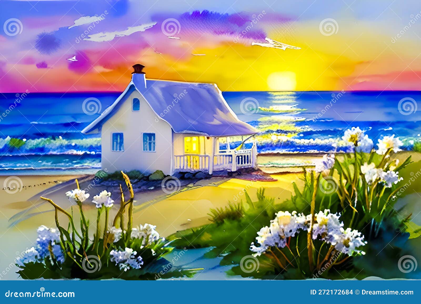 Illustration of a House on the Beach at Sunset Stock Illustration ...