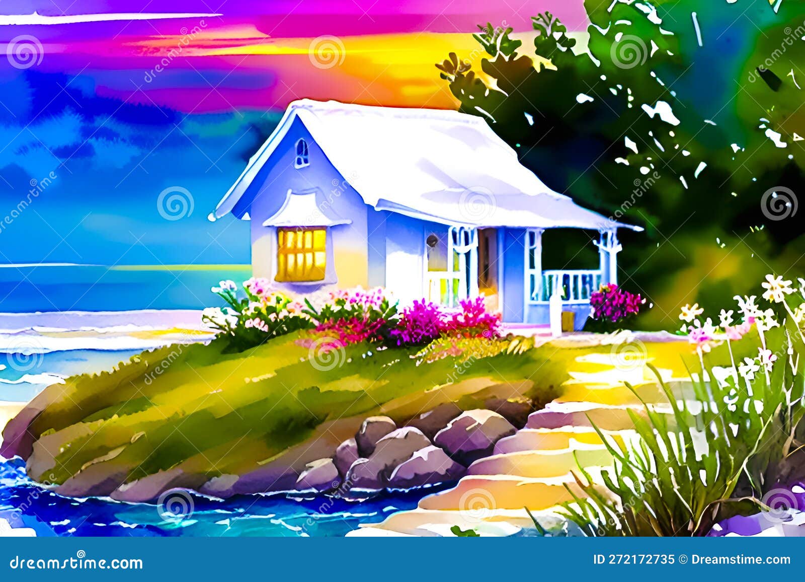Illustration of a House on the Beach at Sunset Stock Illustration ...