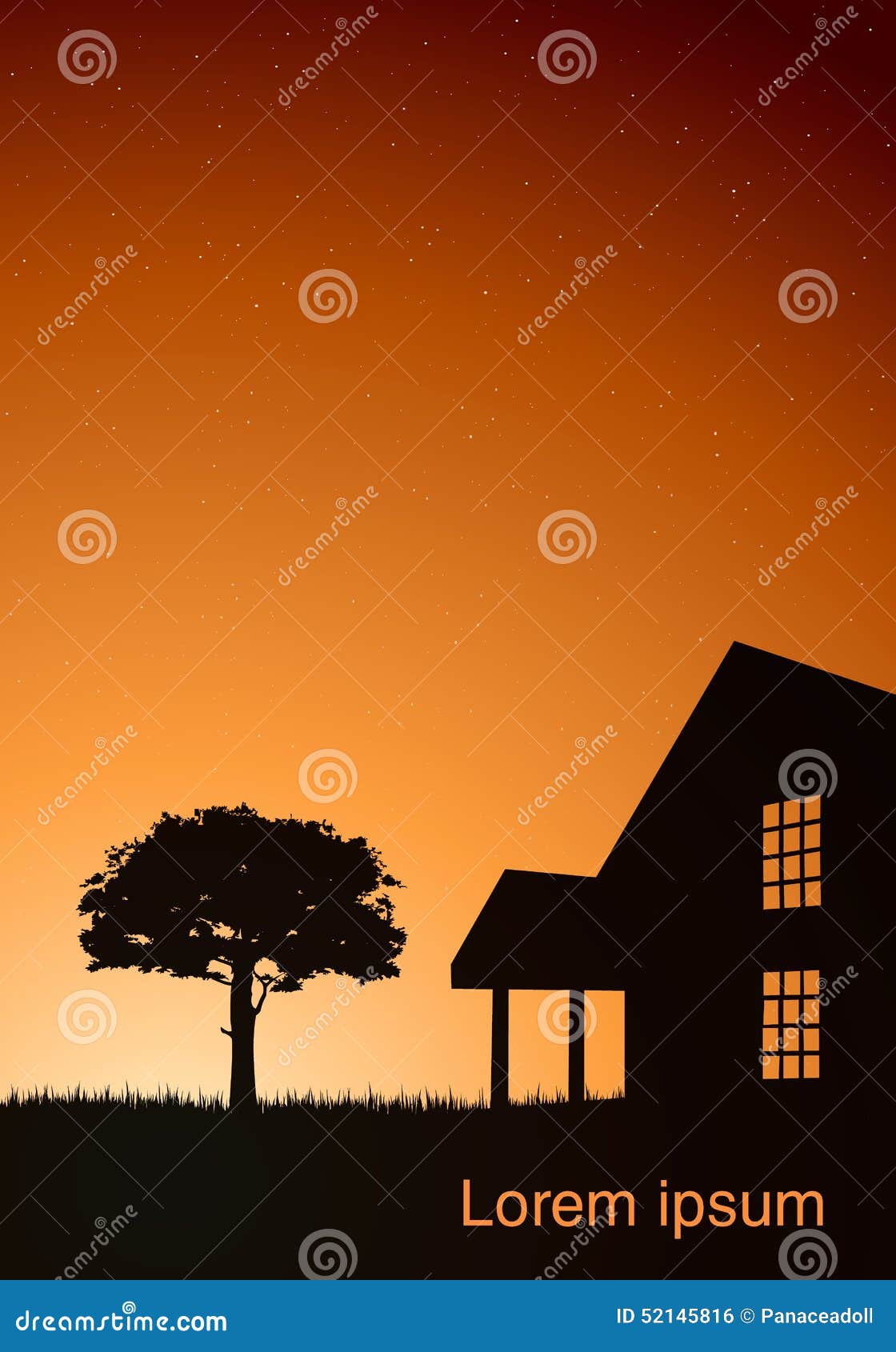 Illustration of a House with a Tree at Sunset Stock Vector ...