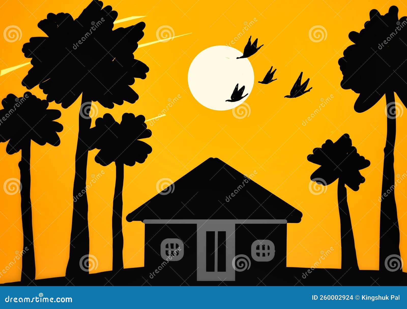 Illustration of a House and Tree on Sunset Background. Stock Photo ...