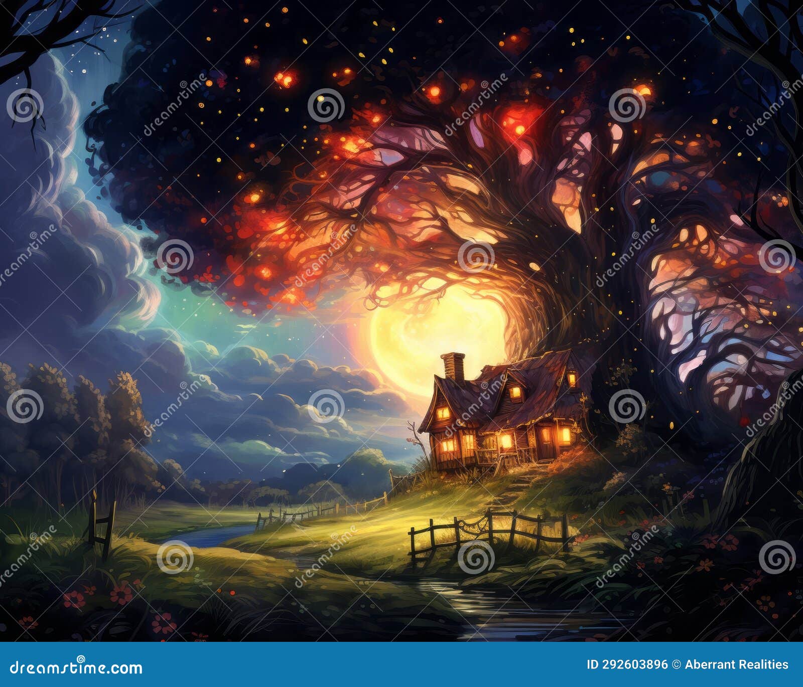 An Illustration of a House Under a Tree at Night Stock Illustration ...
