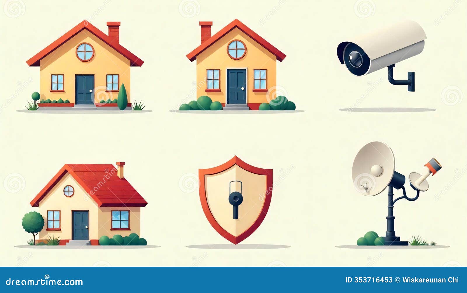 Home Security System Houses Camera Satellite Dish Shield Icon AI ...