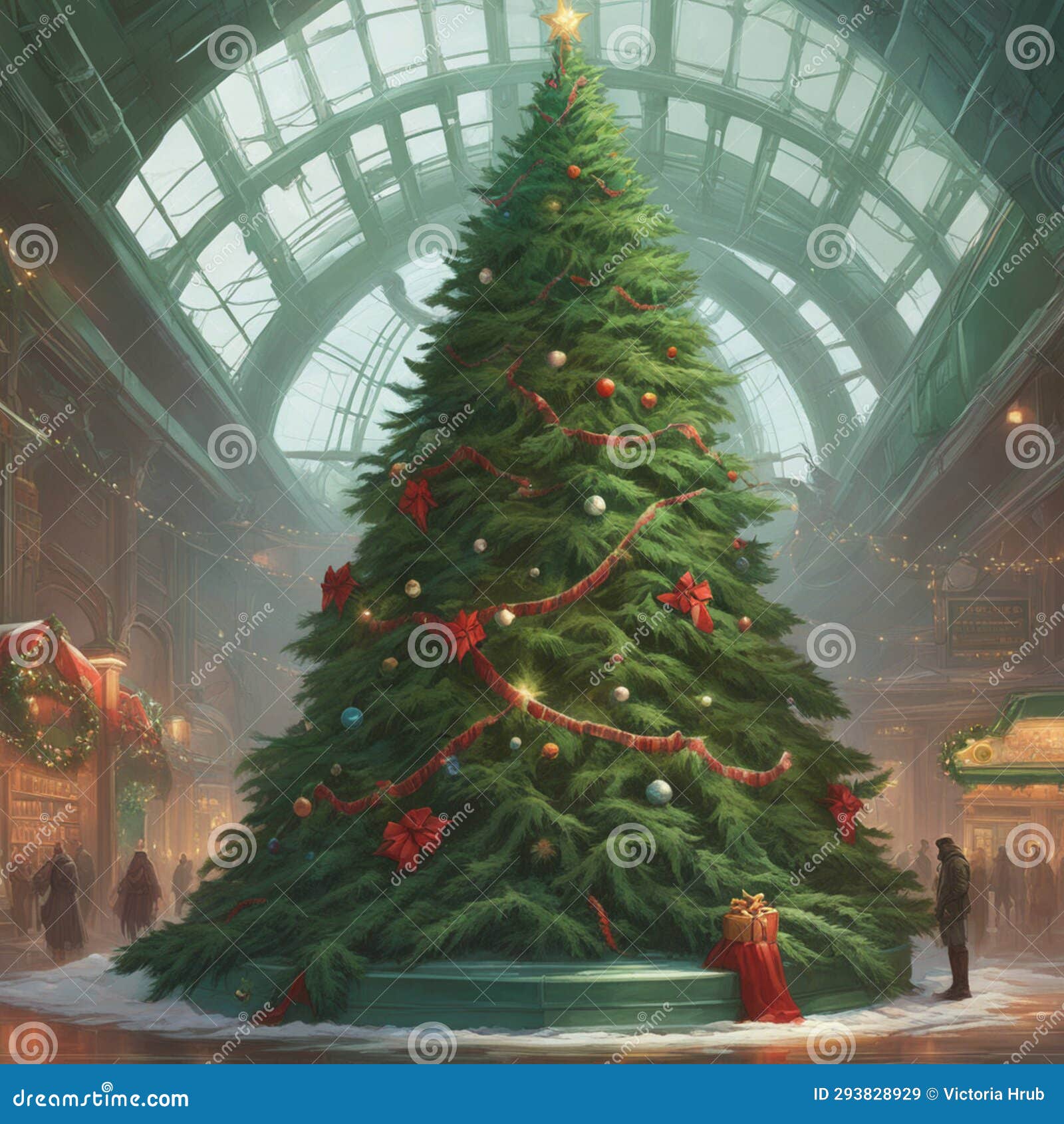 Illustration, a Huge Christmas Tree in the Building Stock Illustration ...