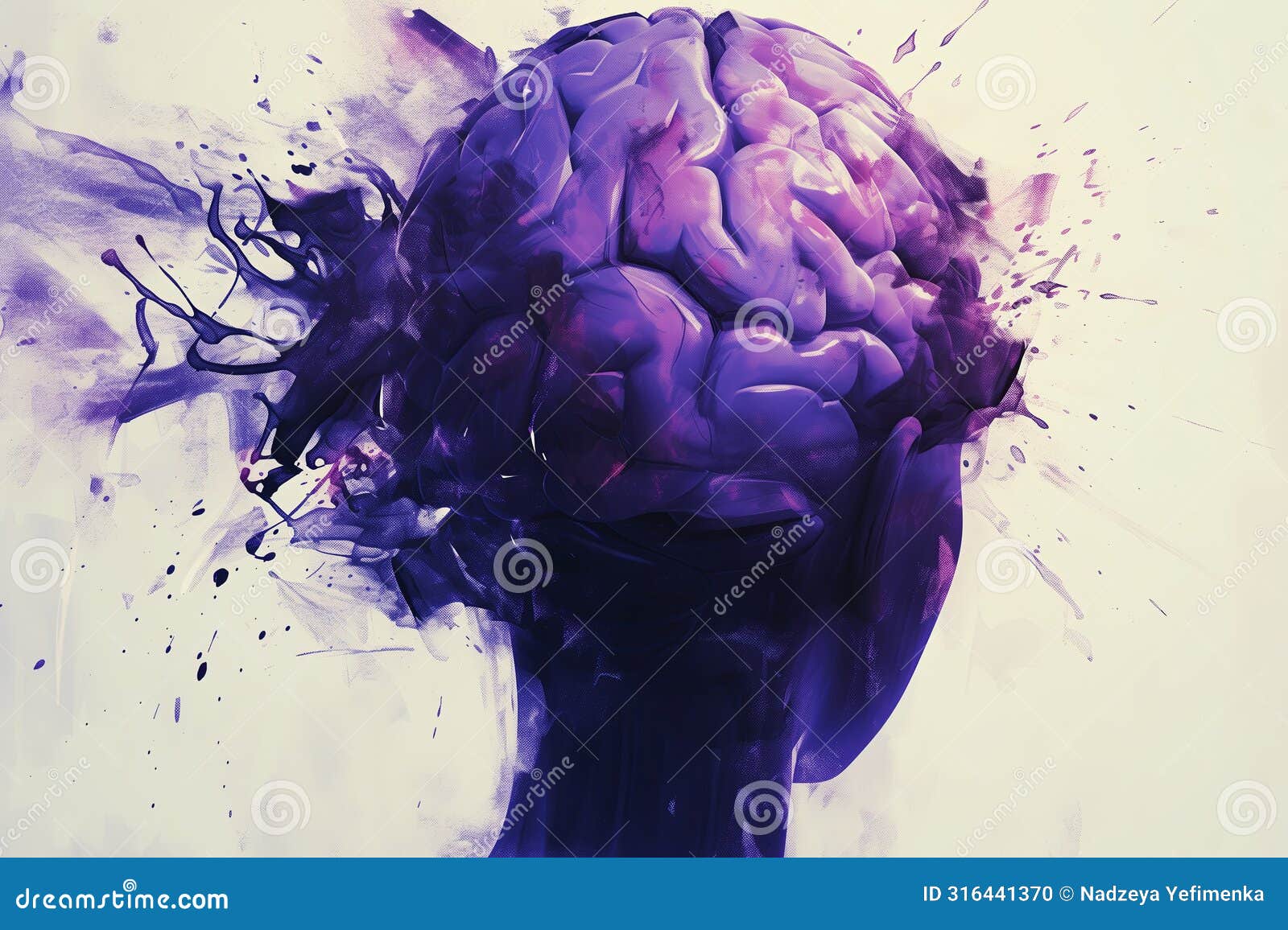 Illustration Human Brain Head Exploding Purple Splatters White Backdrop ...