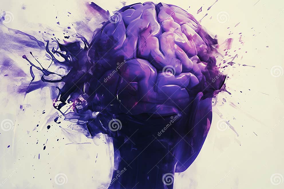 Illustration Human Brain Head Exploding Purple Splatters White Backdrop ...