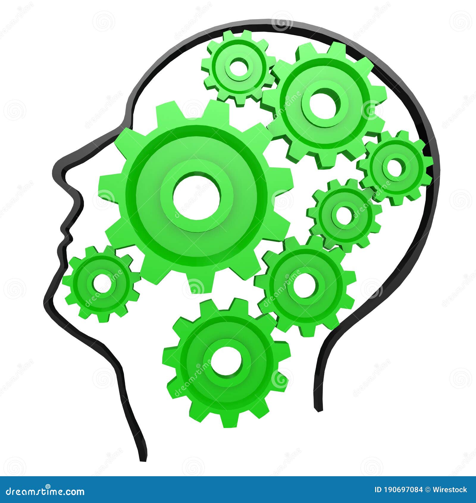 Illustration of a Human Head with Green Cogs and Gears Inside on a ...